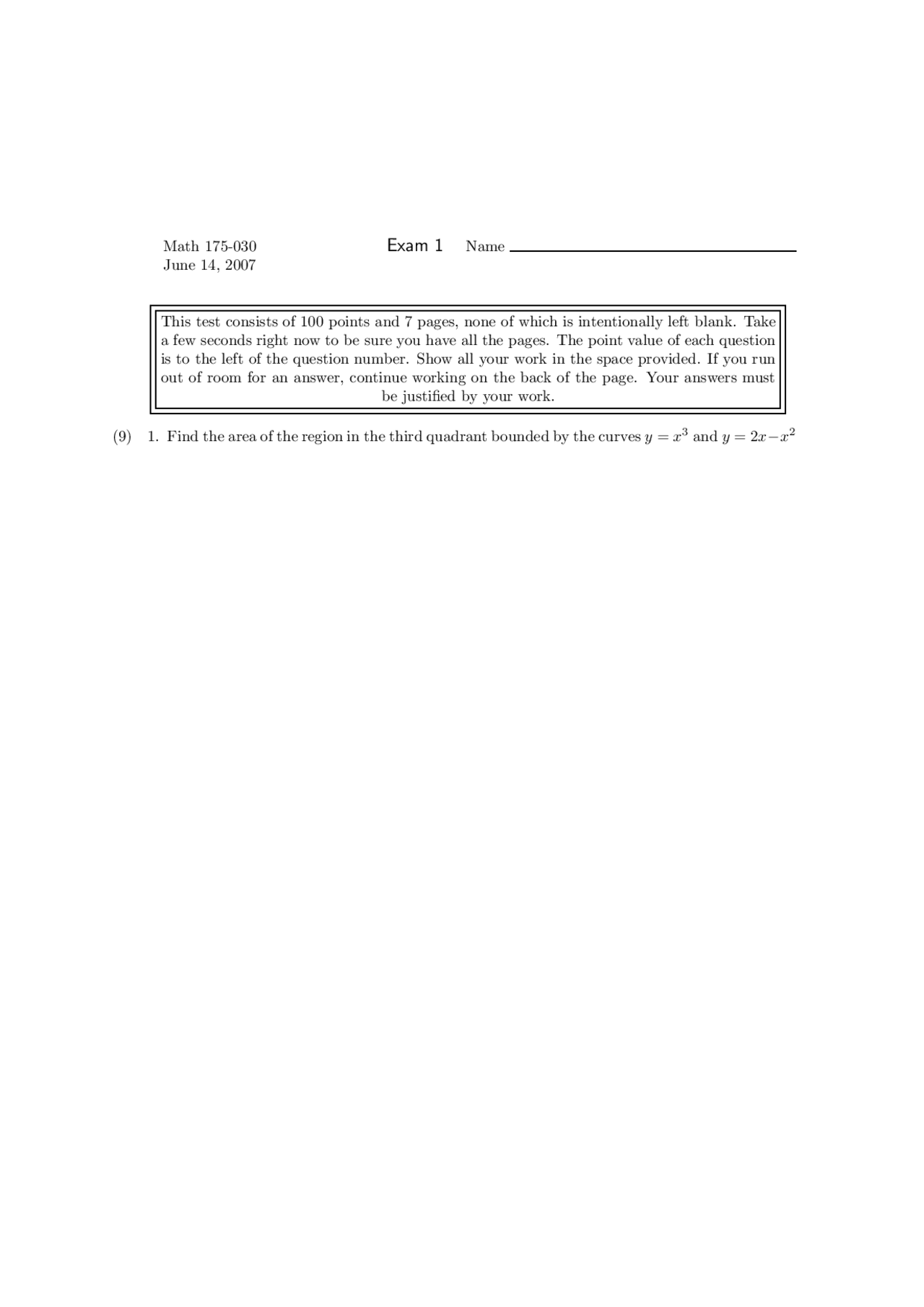 Practice Exam 1 Calculus Ii June 14 2007 Math 175 Docsity