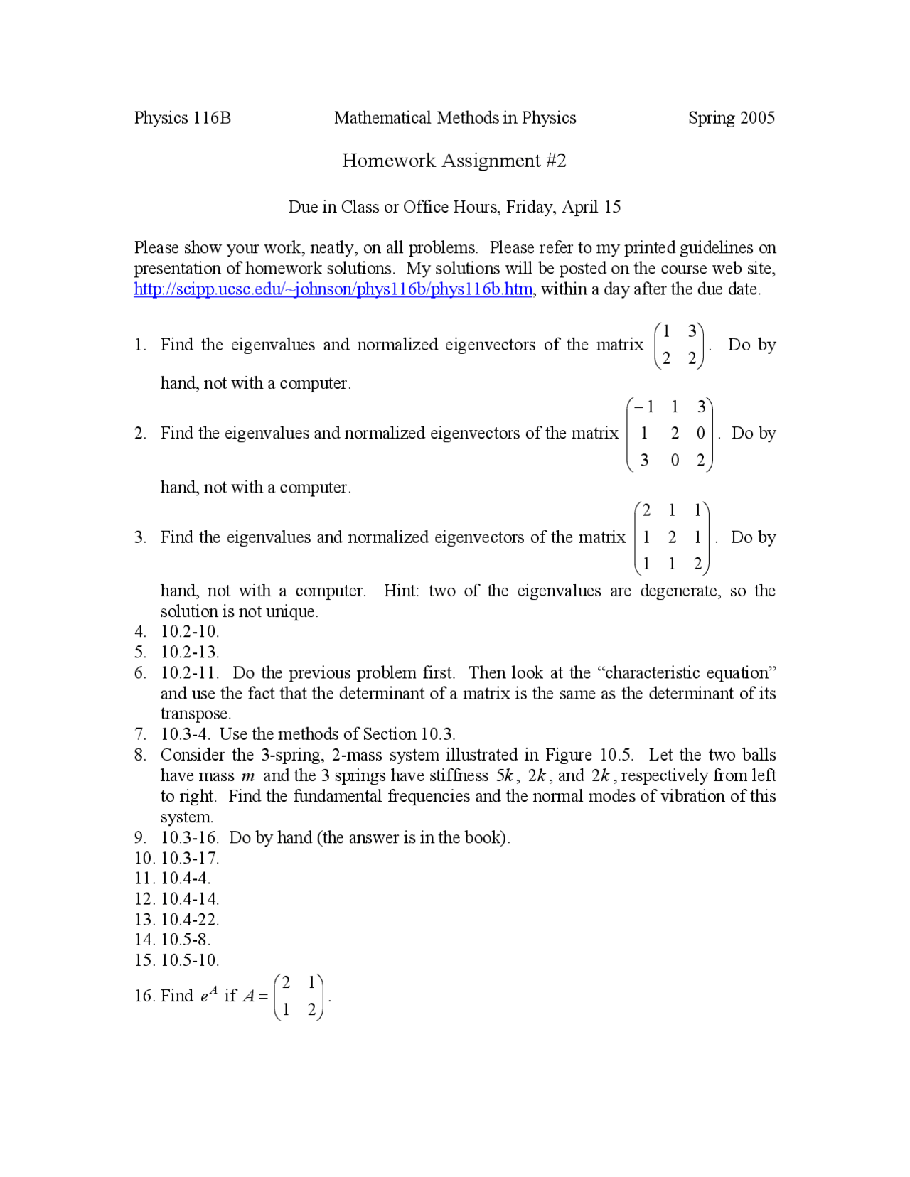 Mathematical Methods In Physics Homework Ii Phys 116 Docsity