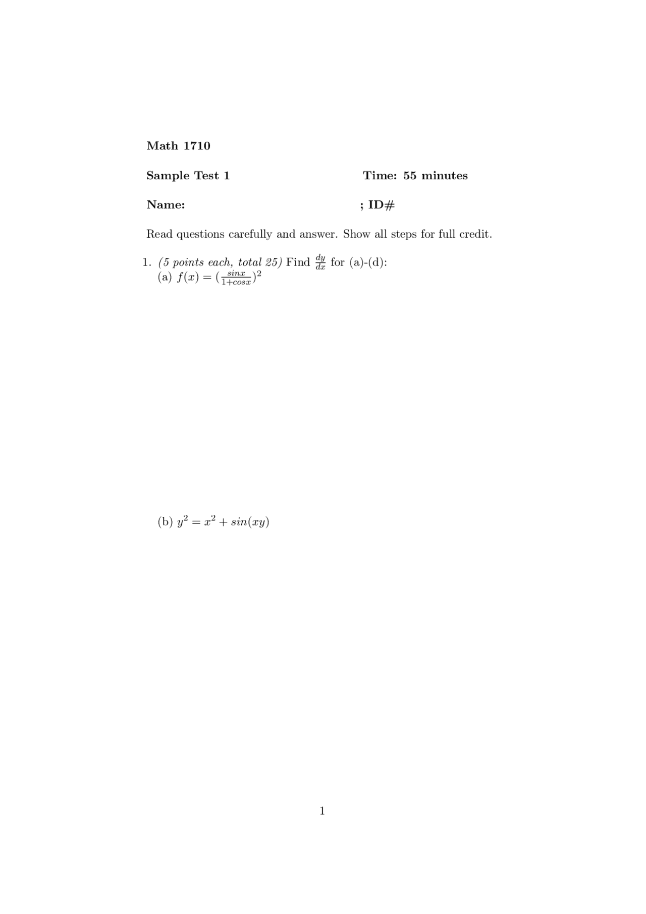 Practice Problems For Exam 1 Calculus Math 1710 Docsity