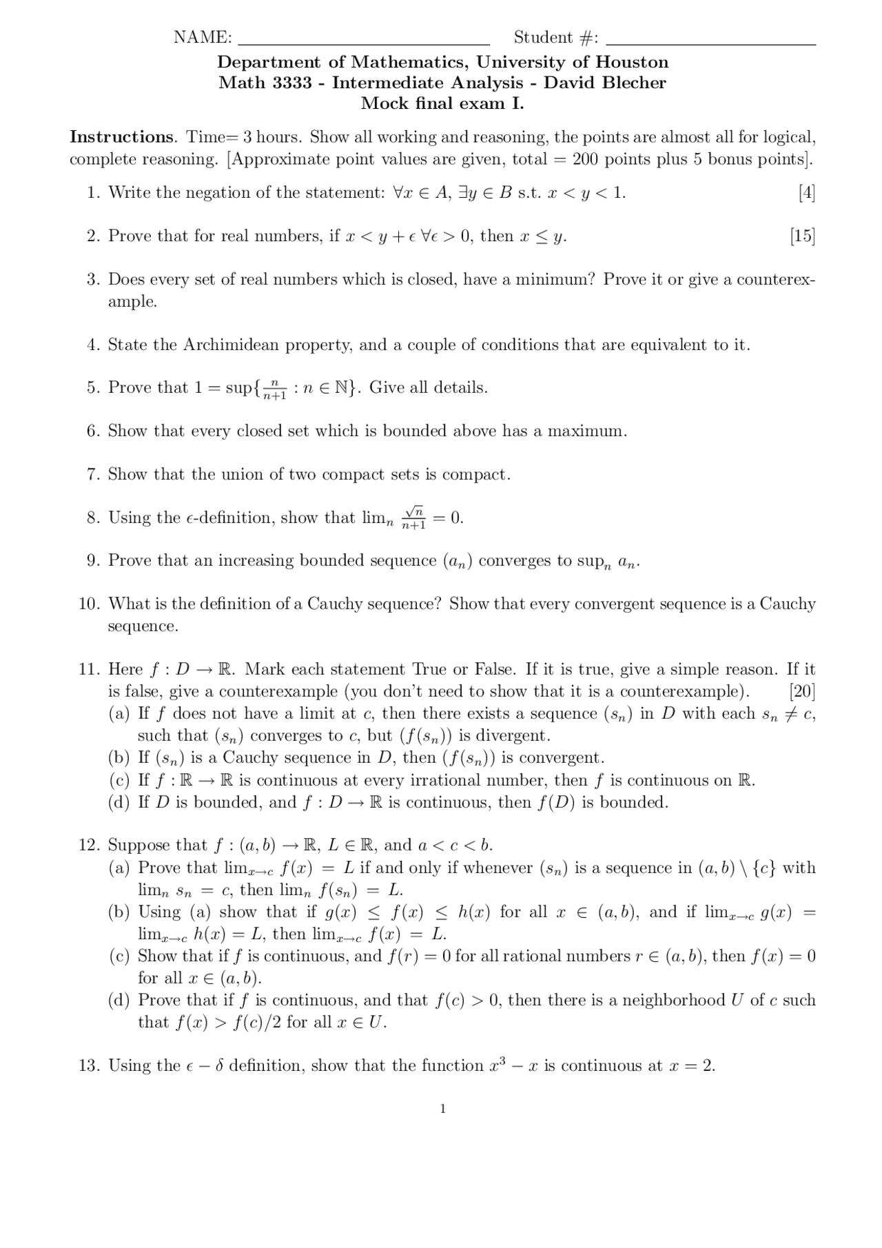 Mock Final Exam For Intermediate Analysis Math 3333 Docsity