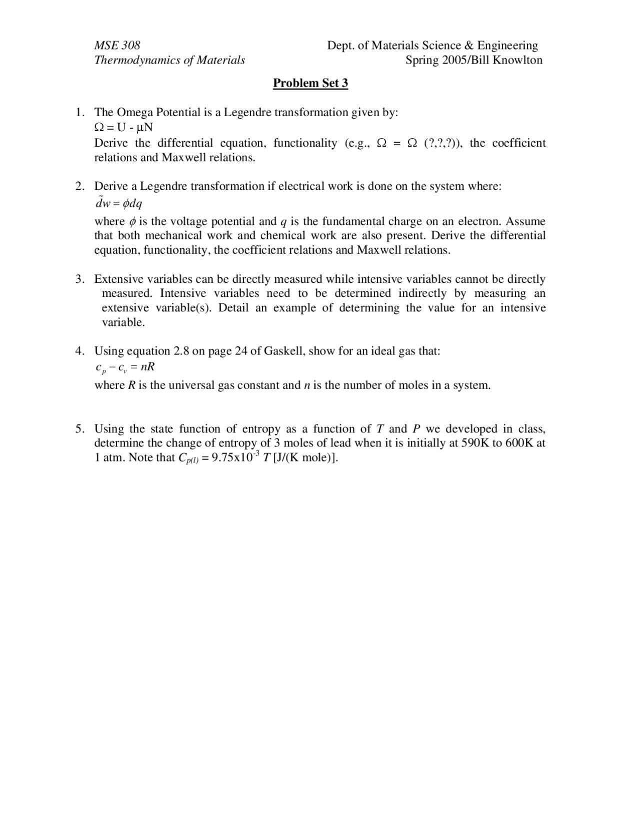 Problem Set 3 On Thermodynamics Of Materials Spring 2005 Mse 308