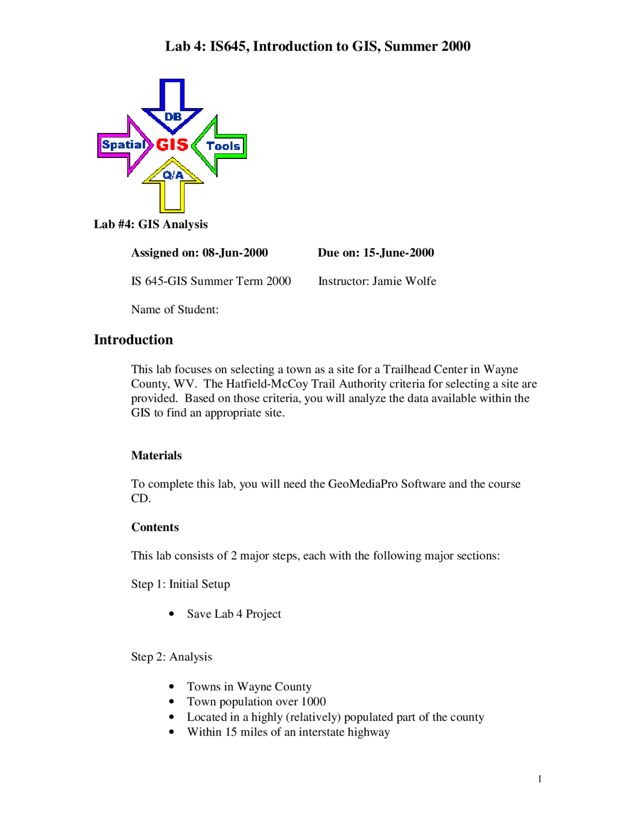 Lab IV GIS Analysis - Geographic Information Systems | IS 645 - Docsity