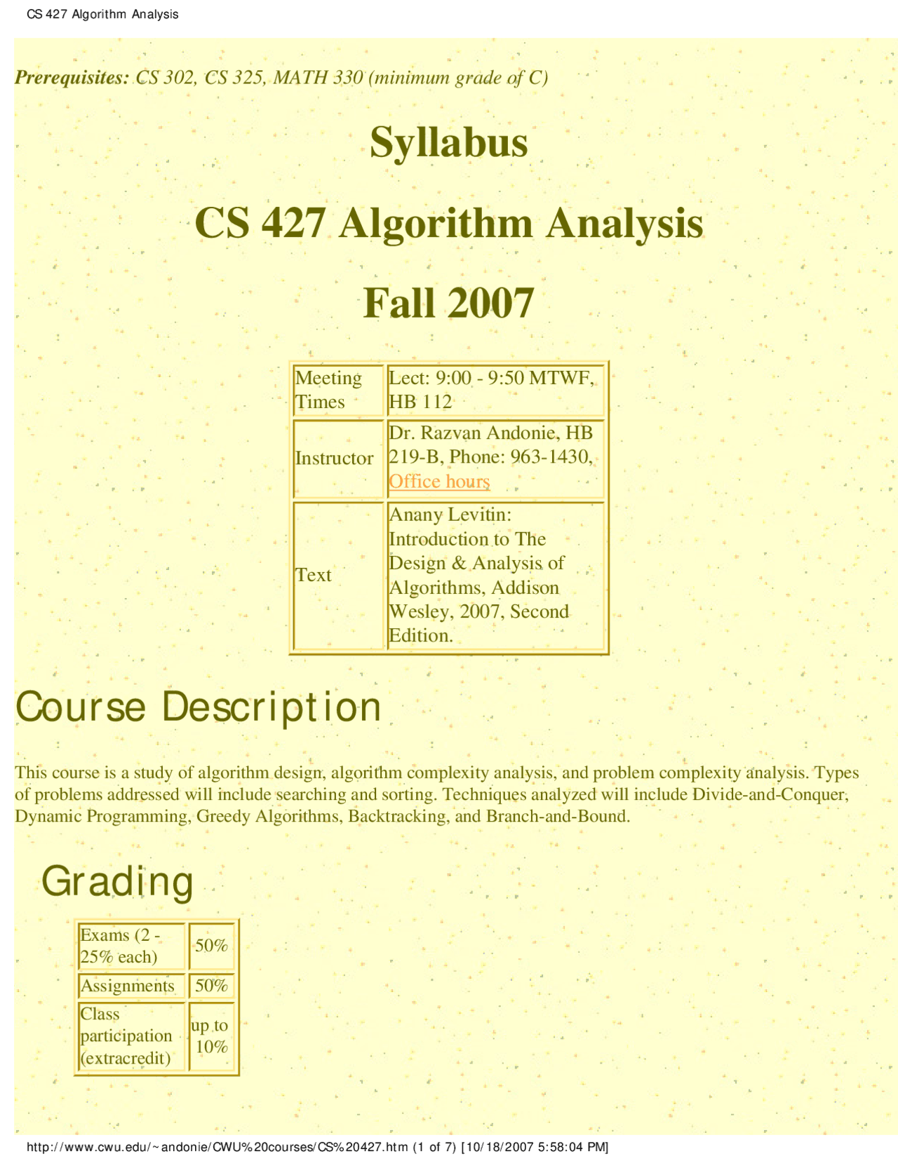 Syllabus Of Algorithm Analysis Fall 2007 Cs 427 Docsity
