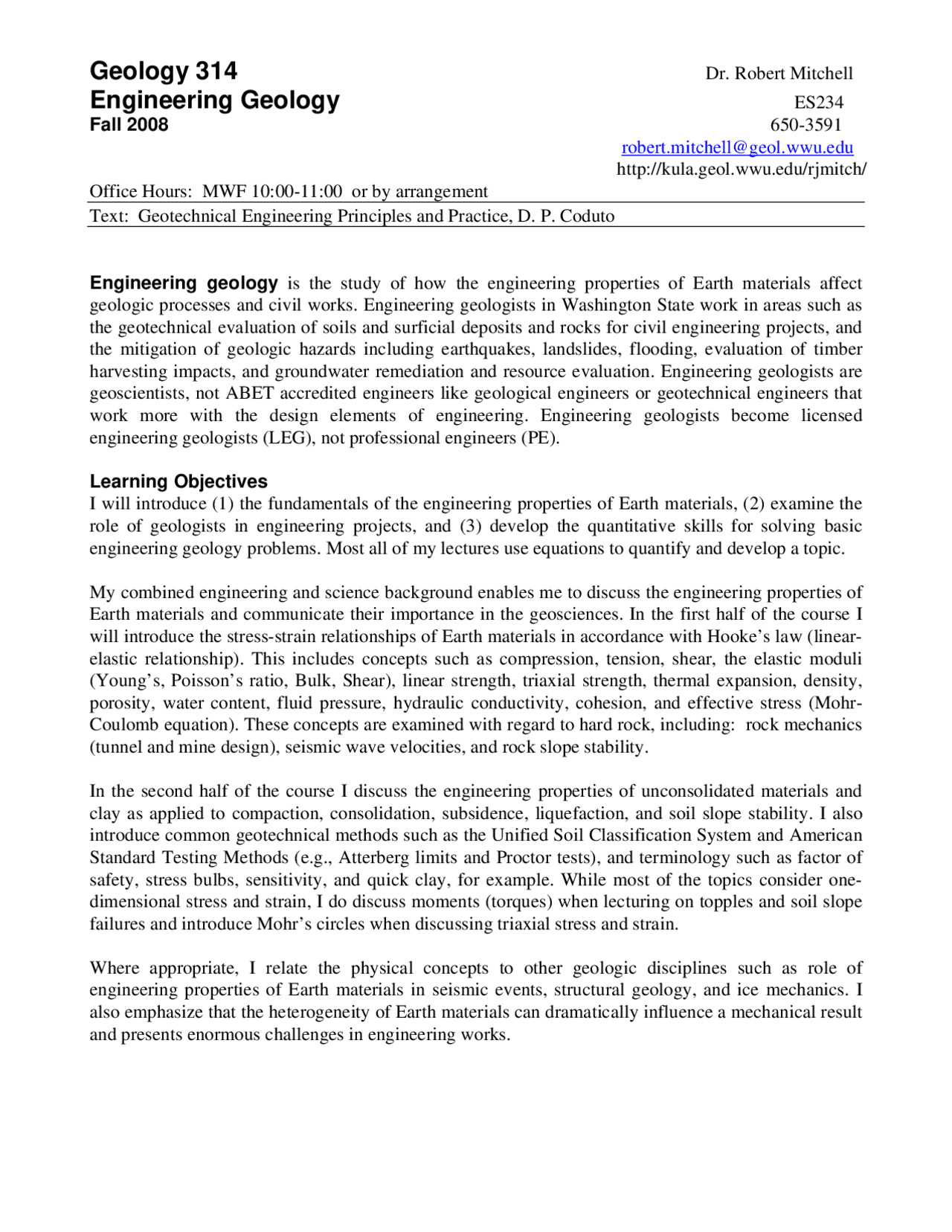 Introduction To Engineering Geology Syllabus Geol 314 Docsity