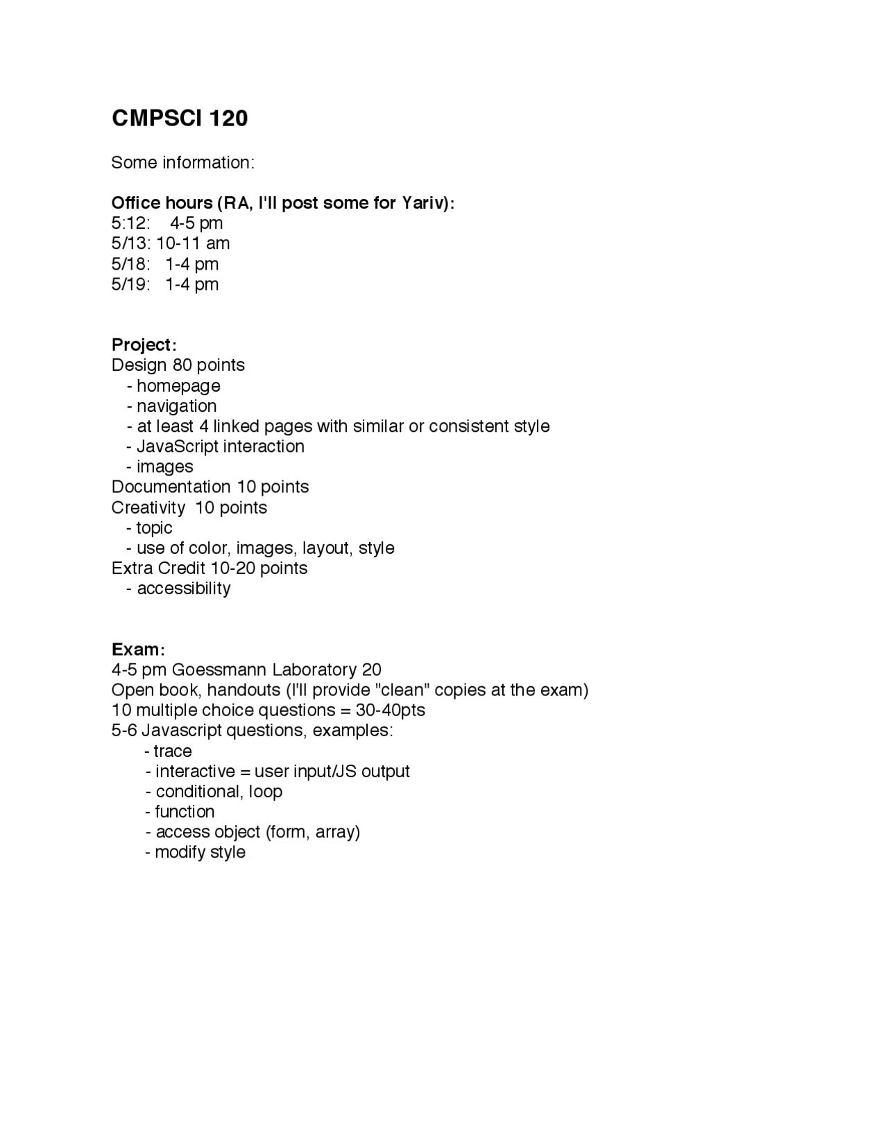 Navigation And Javascript Interaction Exam 4 Cmpsci 120 Docsity 9533