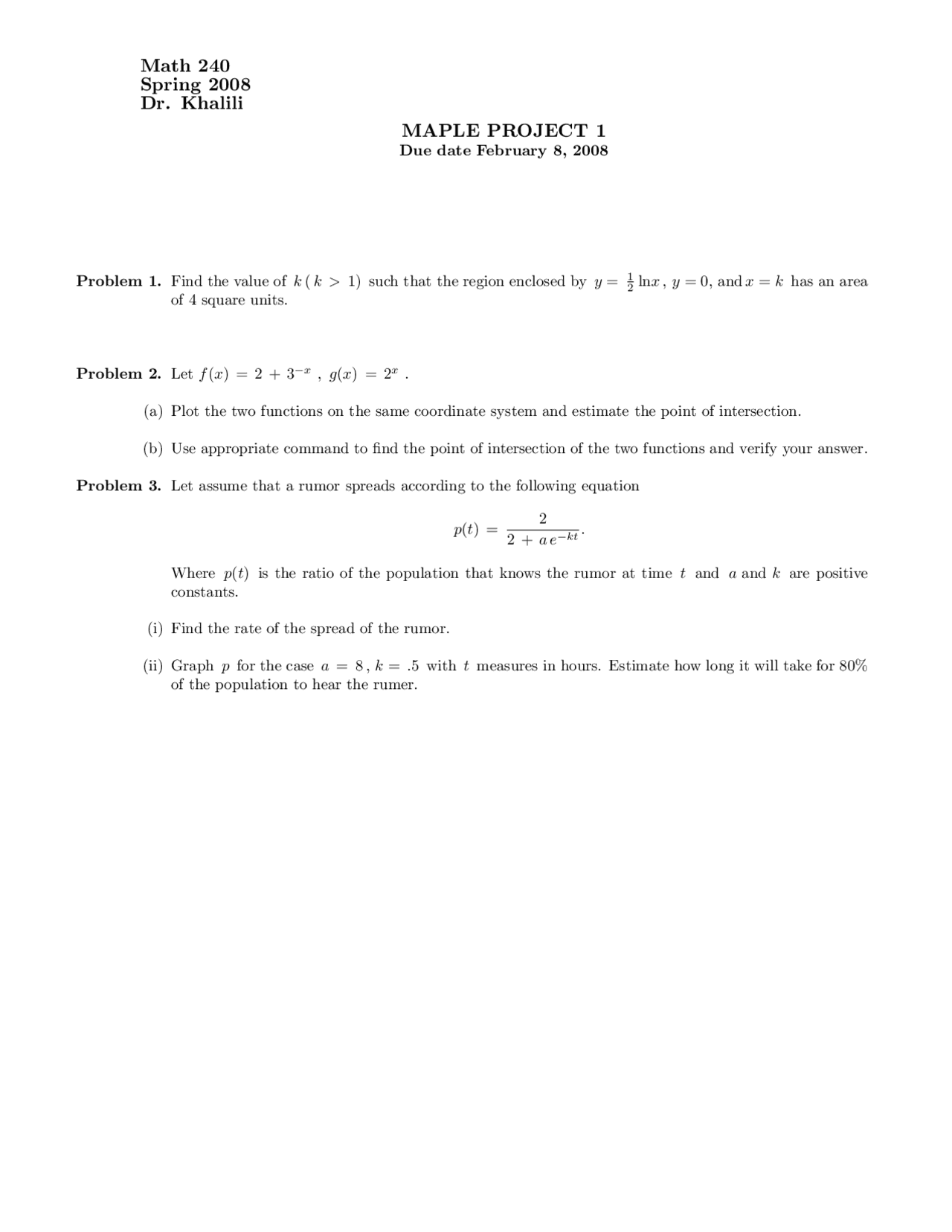 Maple Project 1 - Intermediate Calculus | MATH 240 - Docsity