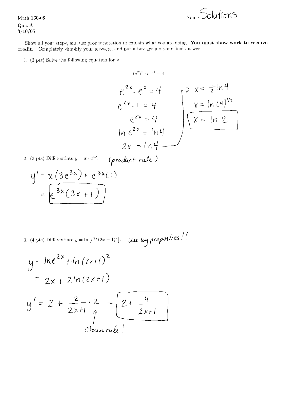 Solutions For Quiz 1 Survey Of Calculus Math 160 Docsity