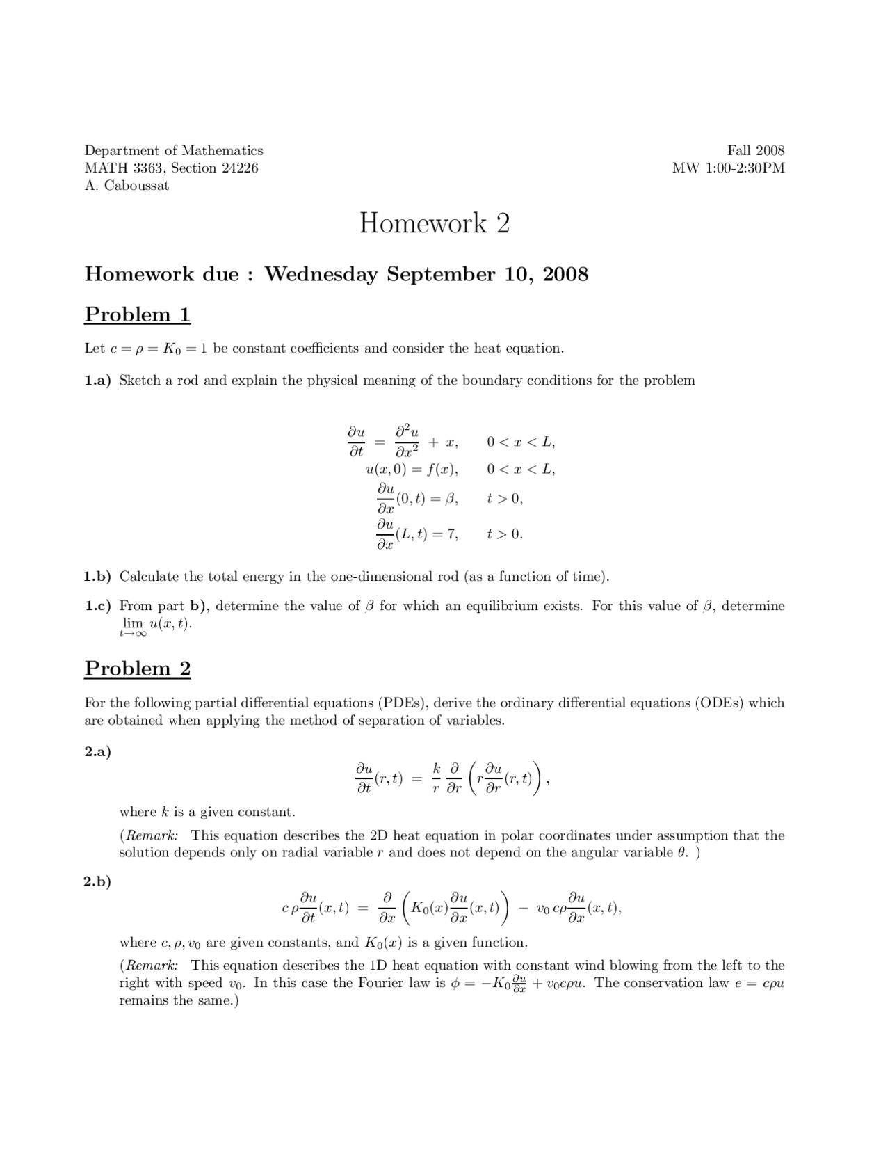 2 Problems on Heat Equations - Assignment 2 | MATH 3363 - Docsity