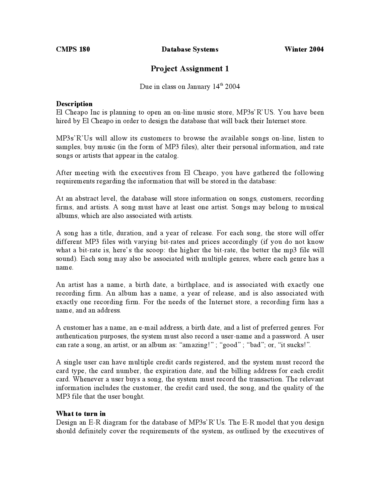 Project Assignment 1 Database Systems I Cmps 180 Docsity
