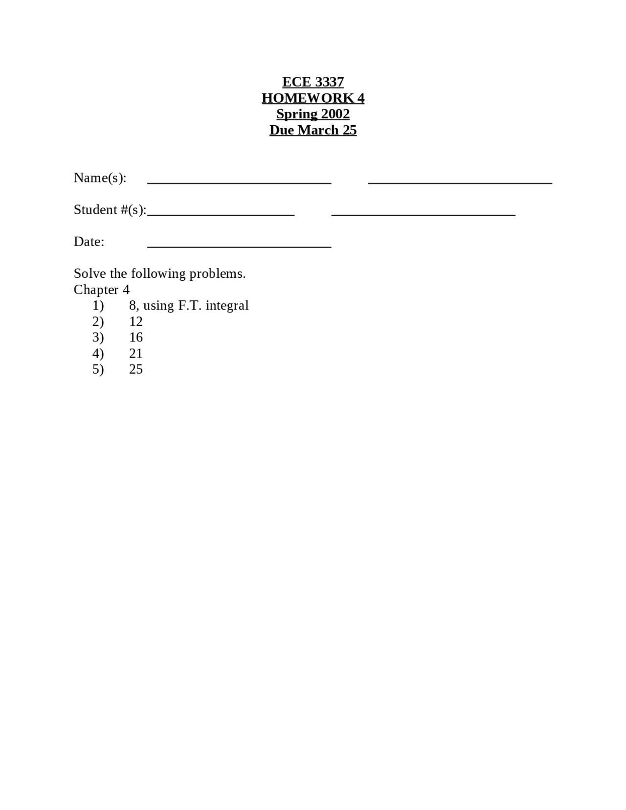 Electrical Engineering Analysis Homework Iv Ece 3337 Docsity