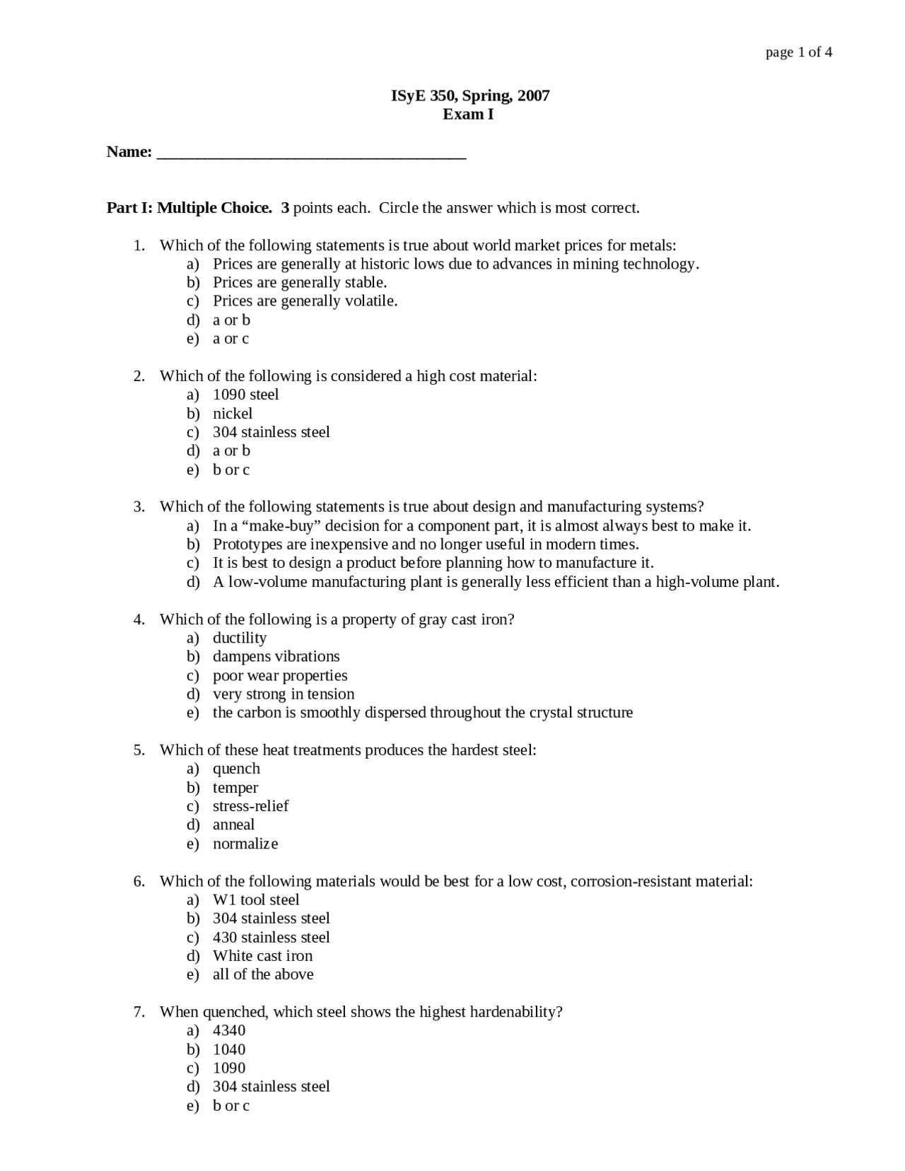 Practice Exam 1 on Manufacturing Processes - Spring 2007 | ISYE 350 ...