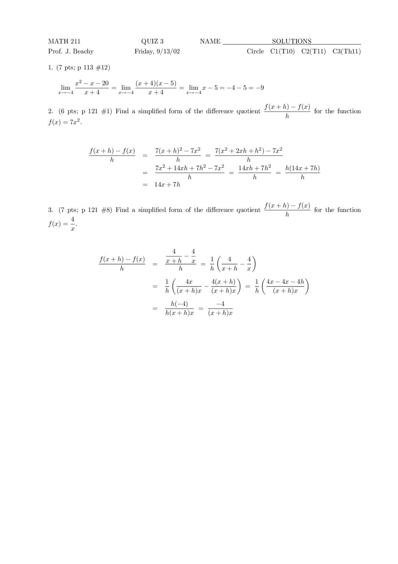 Quiz 3 Solved - Calculus for Business and Social Science | MATH 211 | Docsity