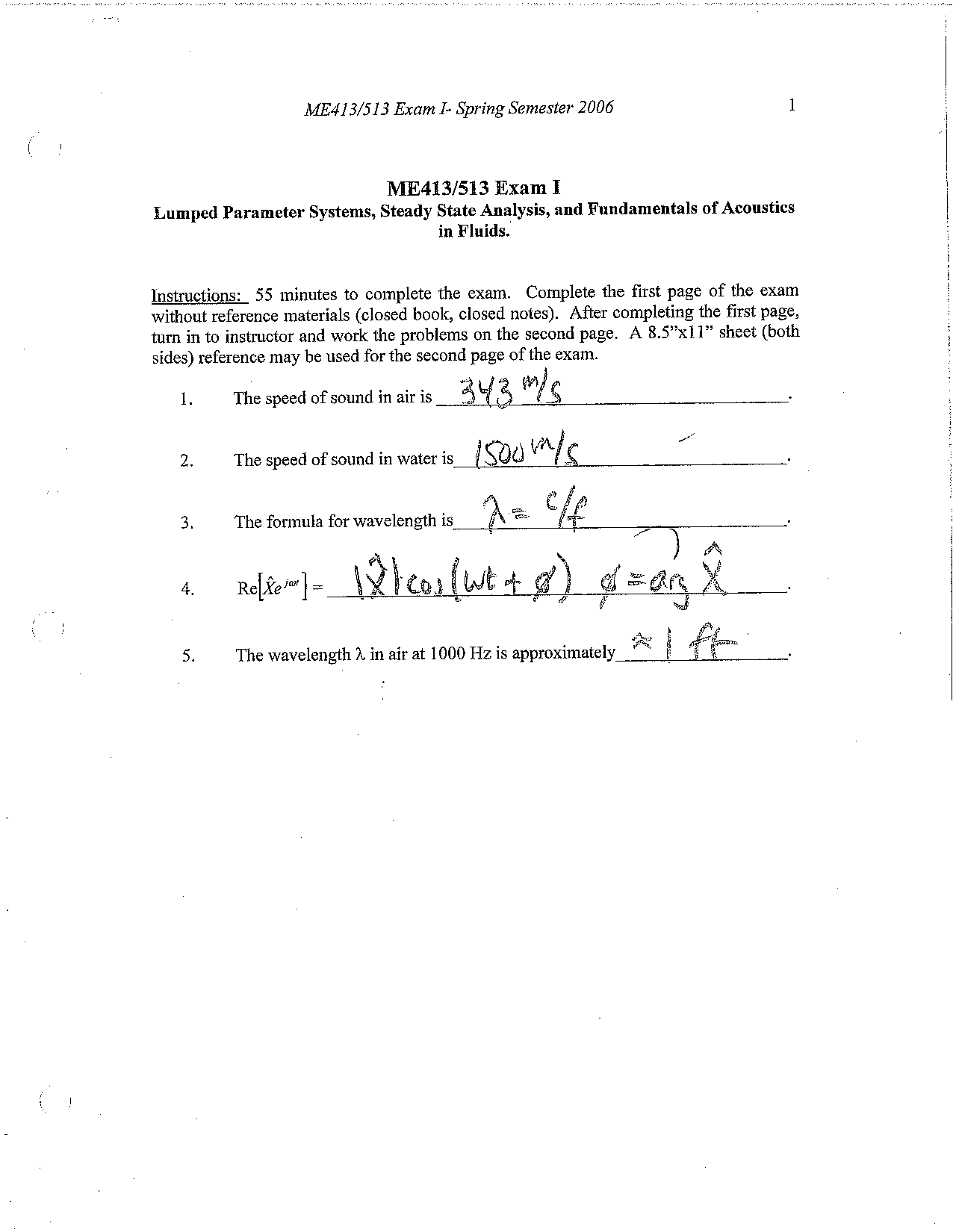 Exam 1 Solutions For Engineering Acoustics Me 413 Docsity