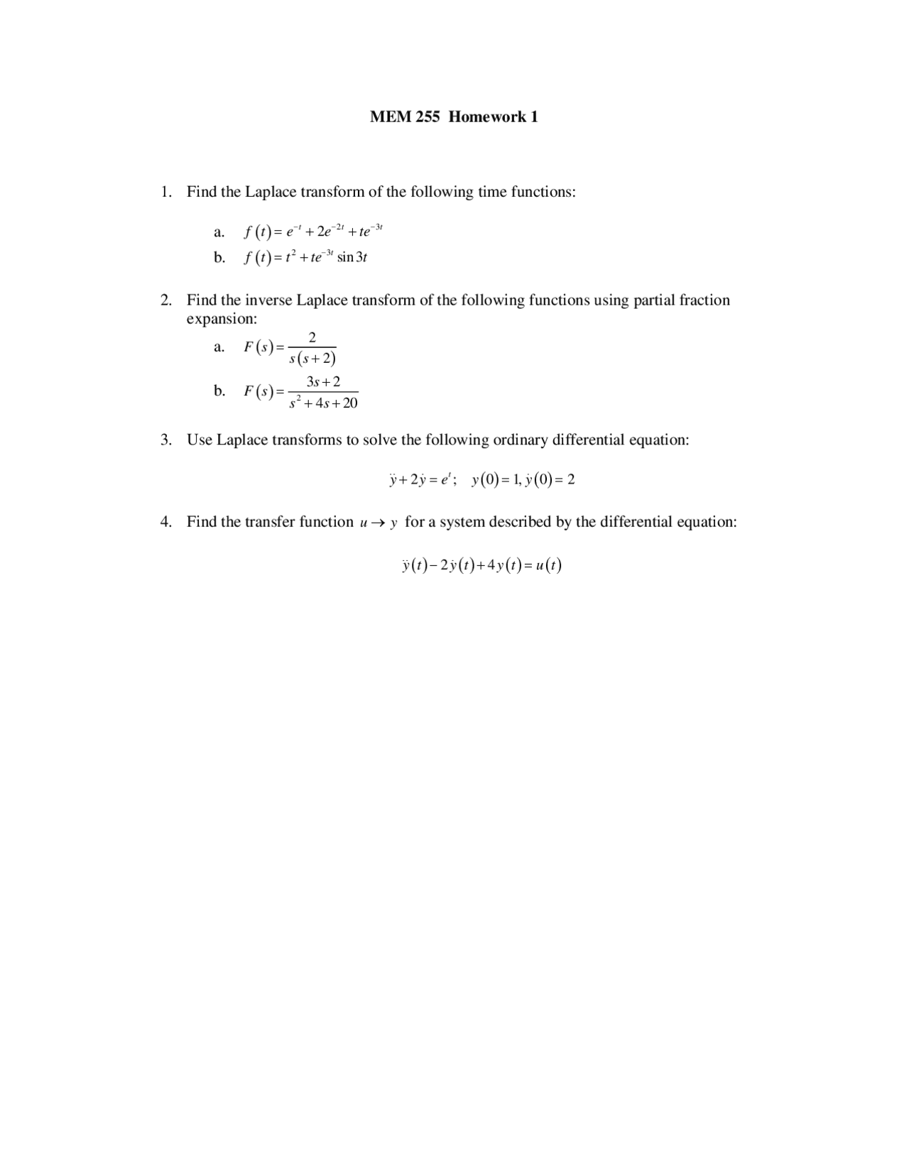 Homework 1 Problems Introduction To Controls Mem 255 Docsity