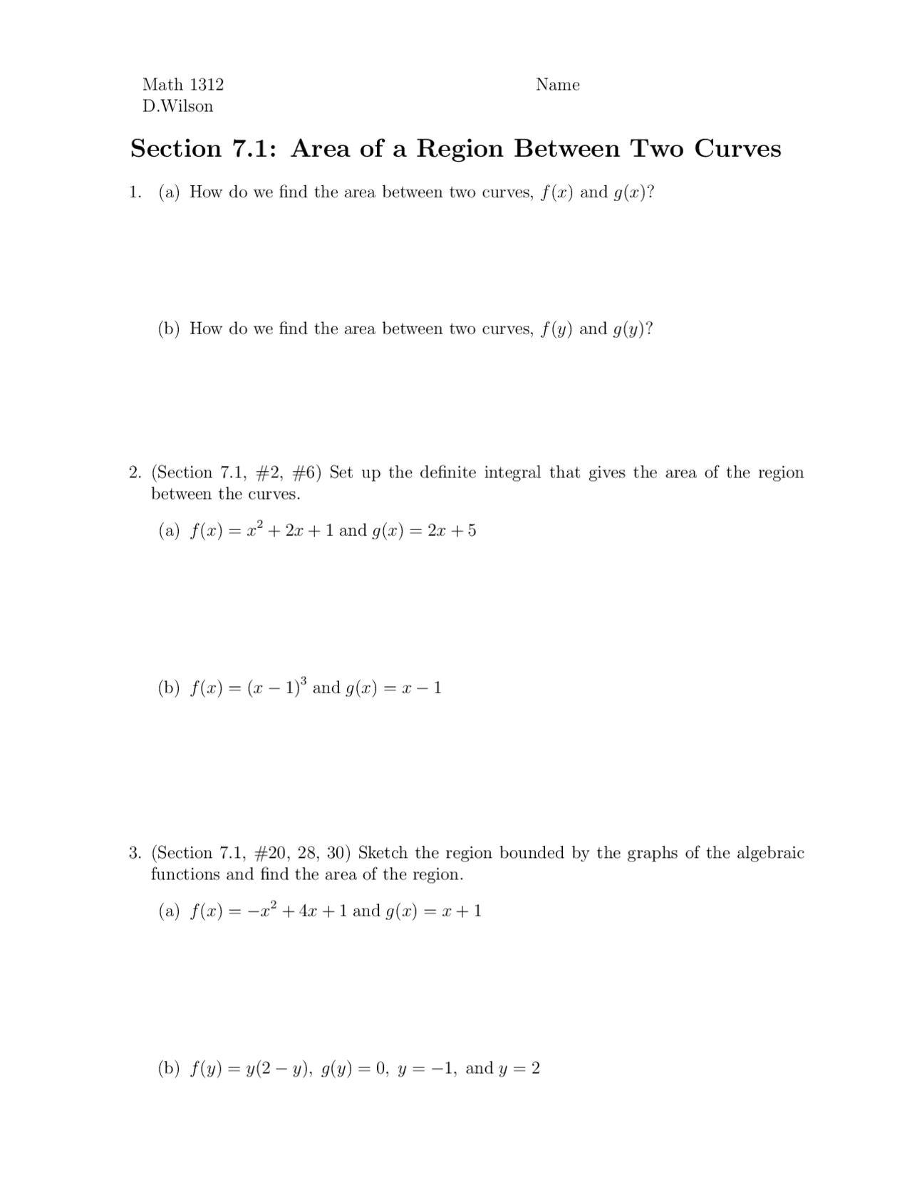Calculus II - Area of a Region Between Two Curves - Assignment | MATH ...