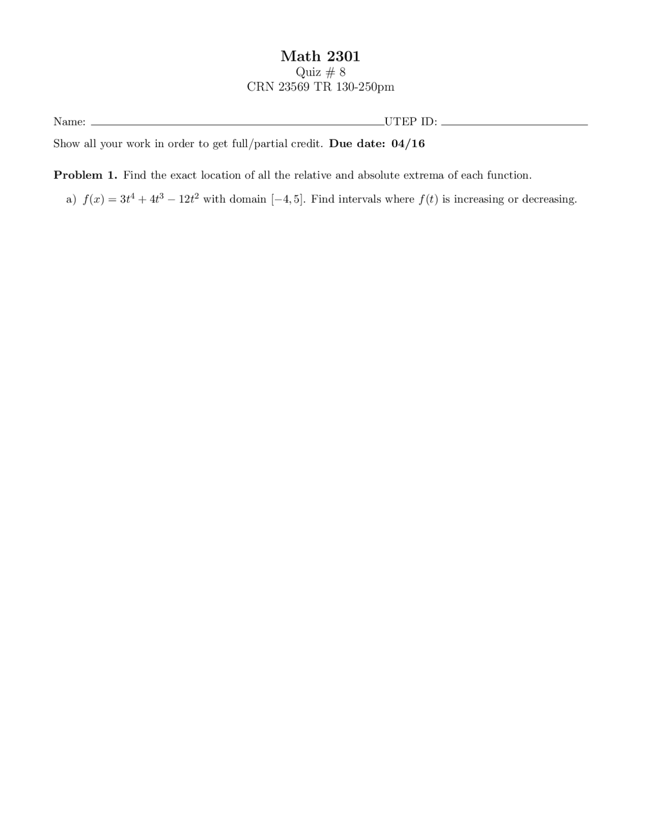 Mathematics For Social Sciences Ii Quiz 8 Problem Math 2301 Docsity