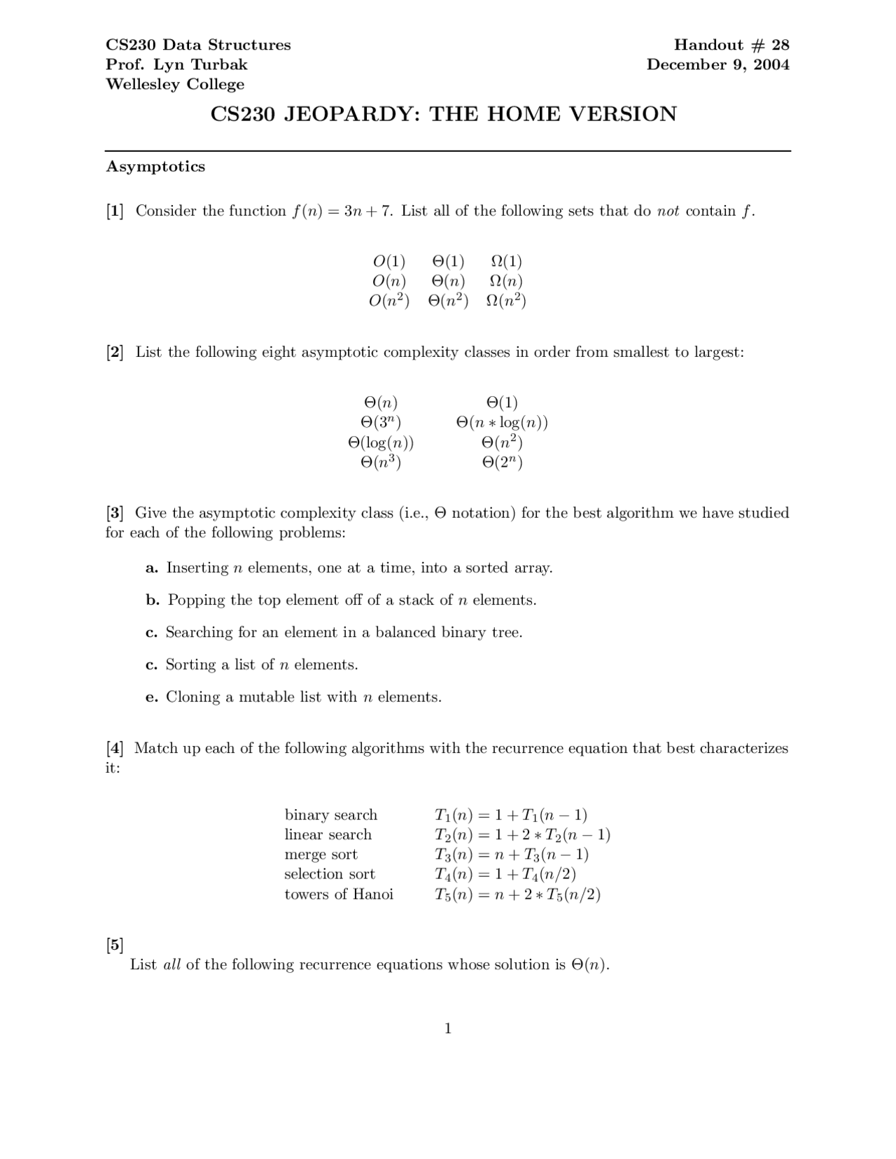 Questions On The Data Structures Final Examination Cs 230 Docsity
