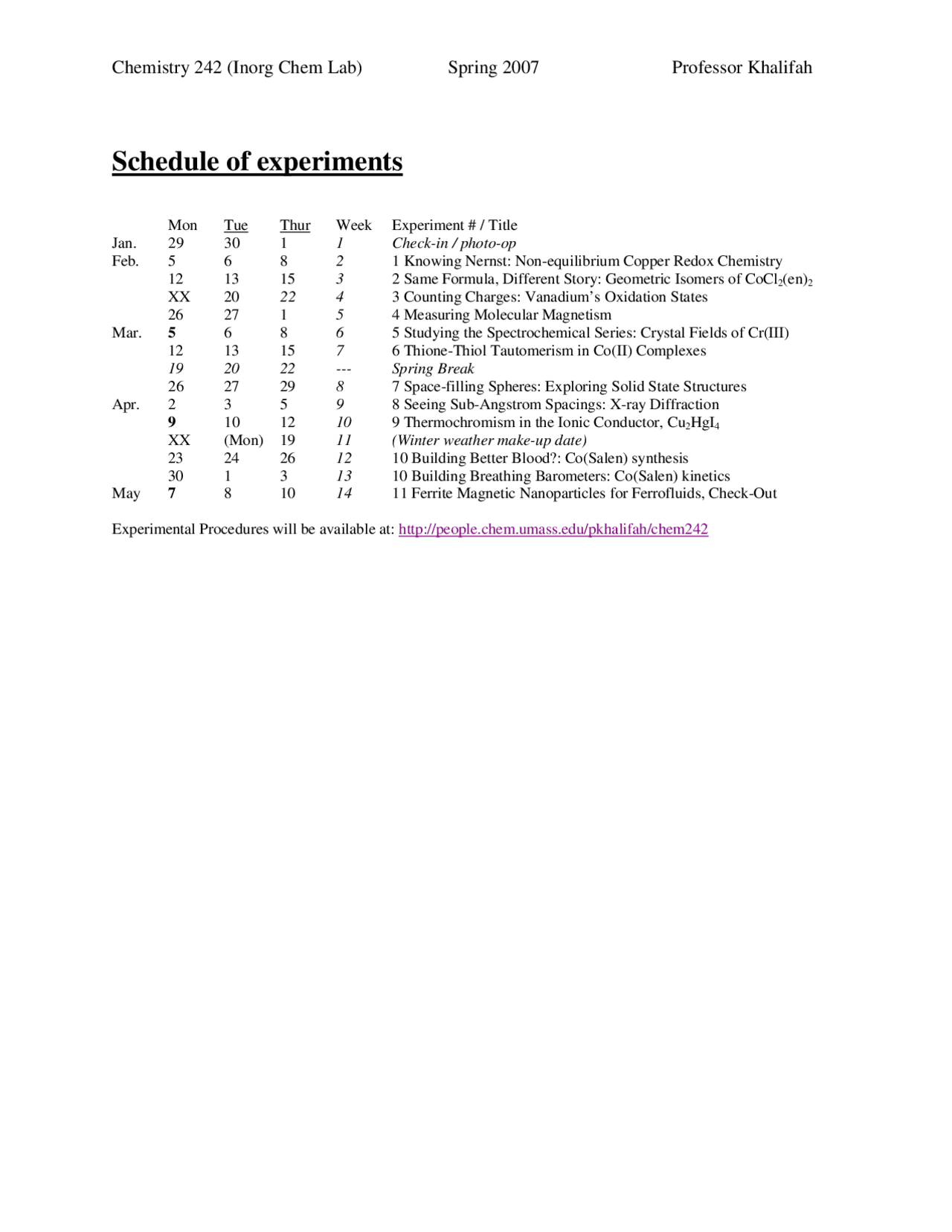 Schedule of Experiments - Introduction Inorganic Chemistry Lab | CHEM ...