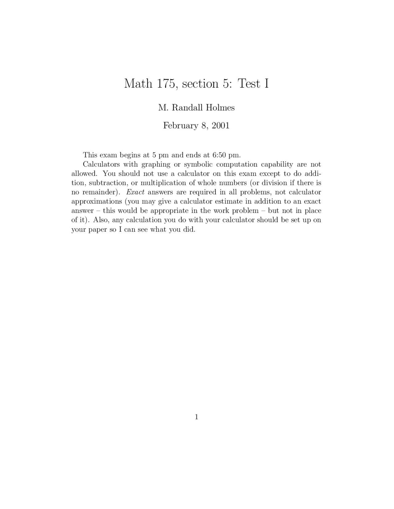 Math 175, Section 5: Test I - Integration and Calculus Exam - Prof ...