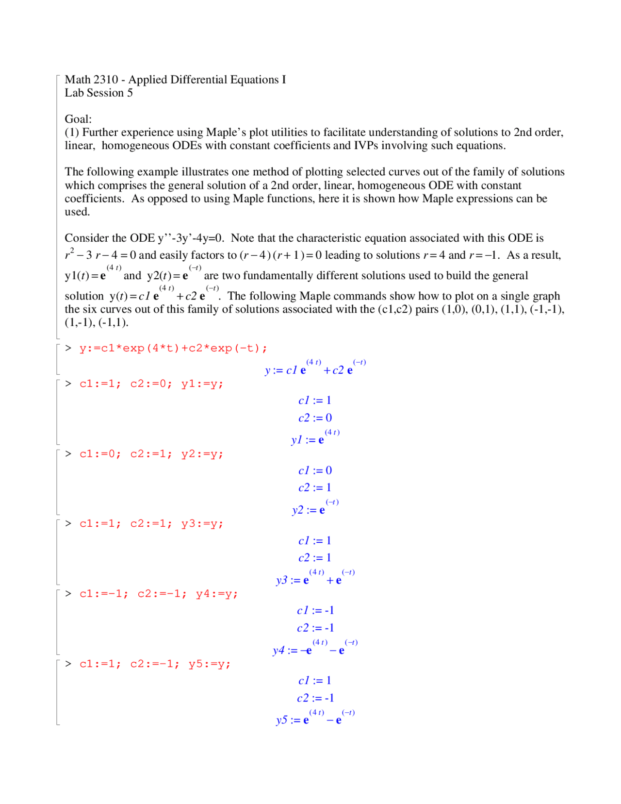 Lab 5 Solutions - Applied Differential Equations I | MATH 2310 - Docsity