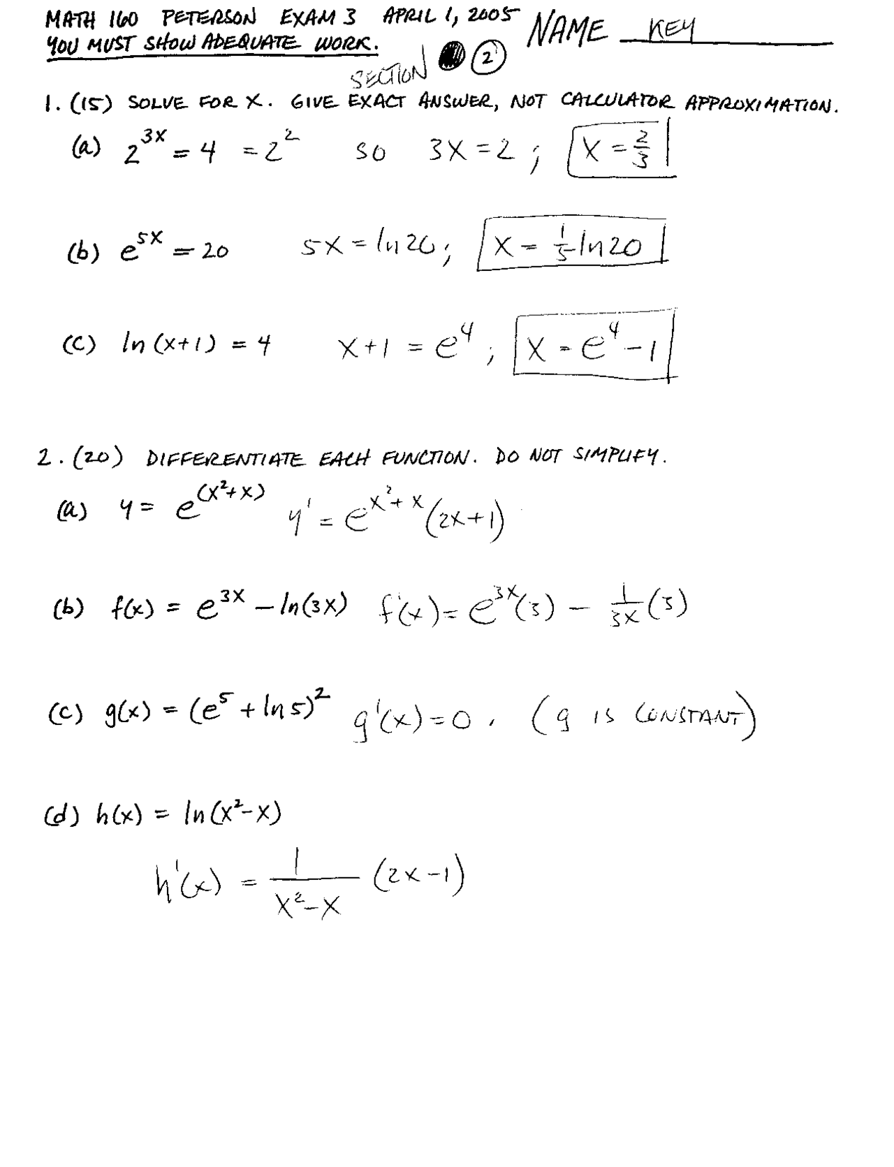 Exam 3 with Answer Key - Survey of Calculus | MATH 160 - Docsity