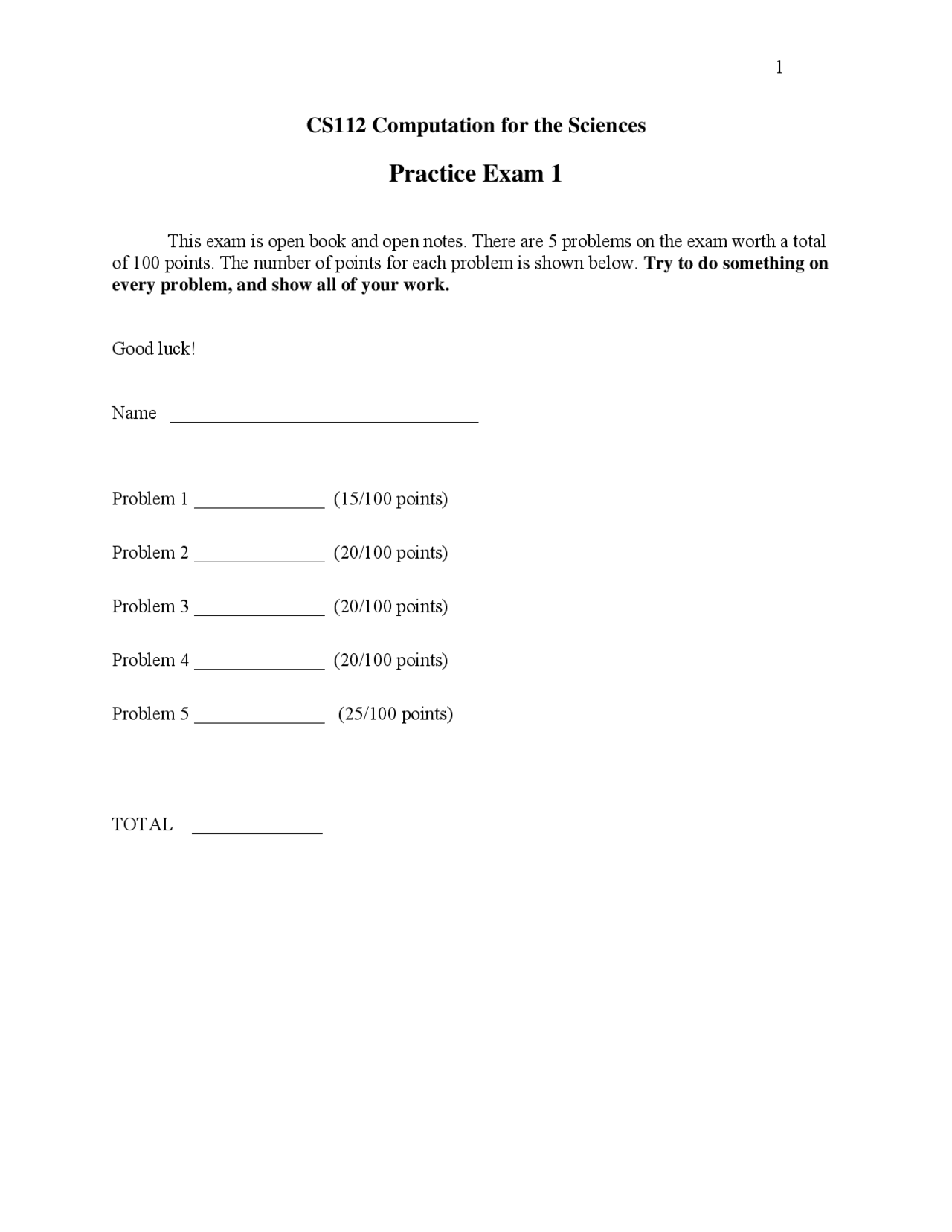 5 Problems on Computation for the Sciences with Solution - Exam 1 | CS ...