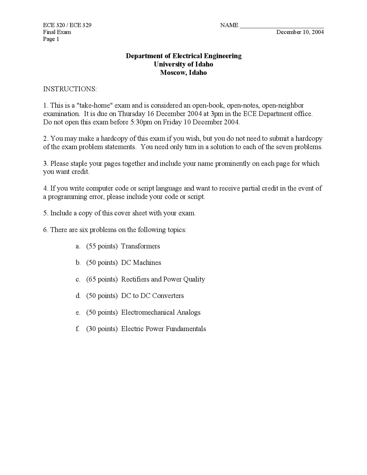 Final Exam Questions for Energy Systems I - Fall 2004 | ECE 320 | Exams ...