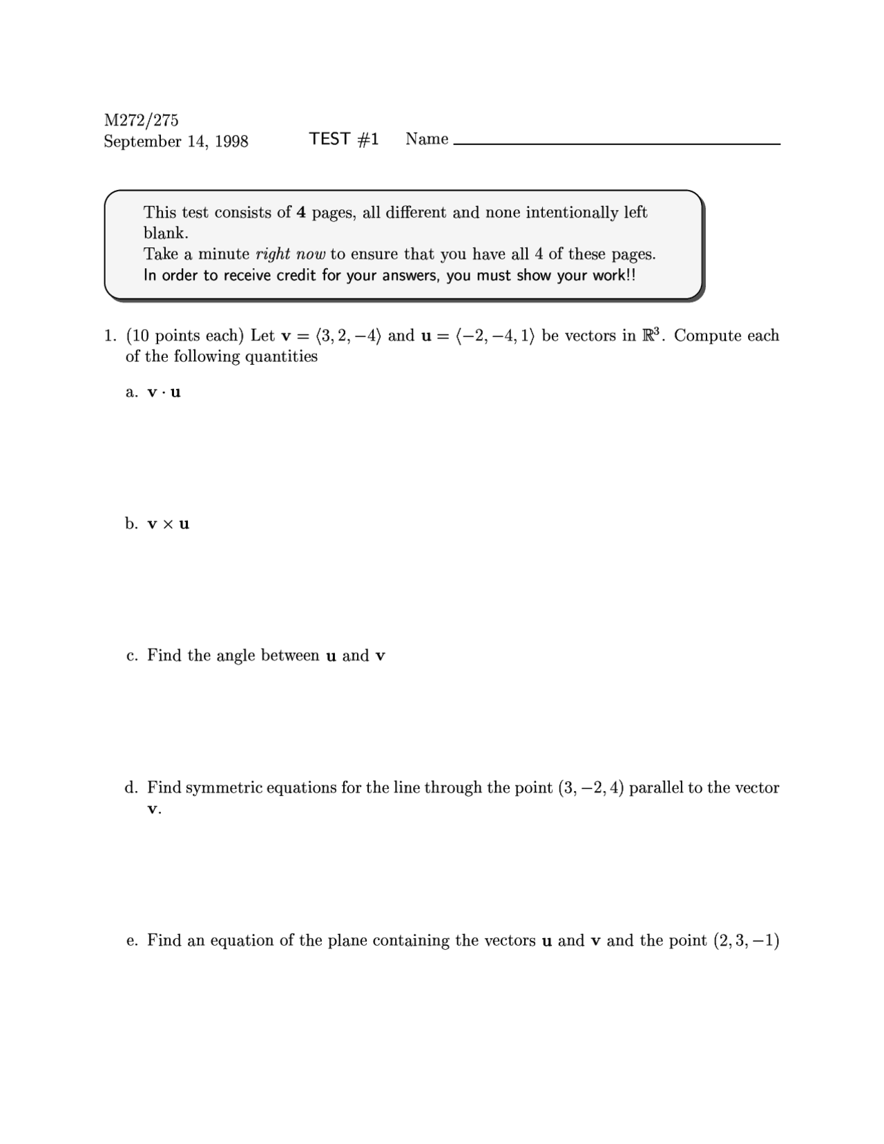 Examination 1 Multivariable And Vector Calculus Fall 1998 Math