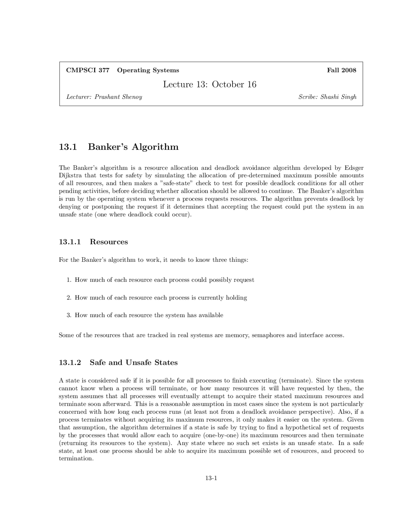 Notes On Bankers Algorithm Operating Systems Cmpsci 377 Docsity
