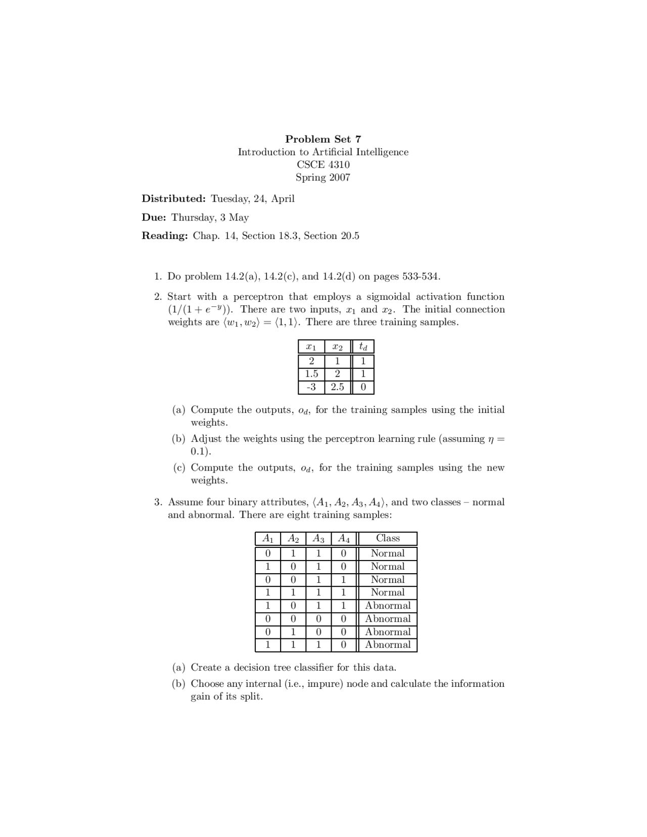 Problem Set 7 Introduction To Artificial Intelligence Csce 4310 Spring 2007 Assignments