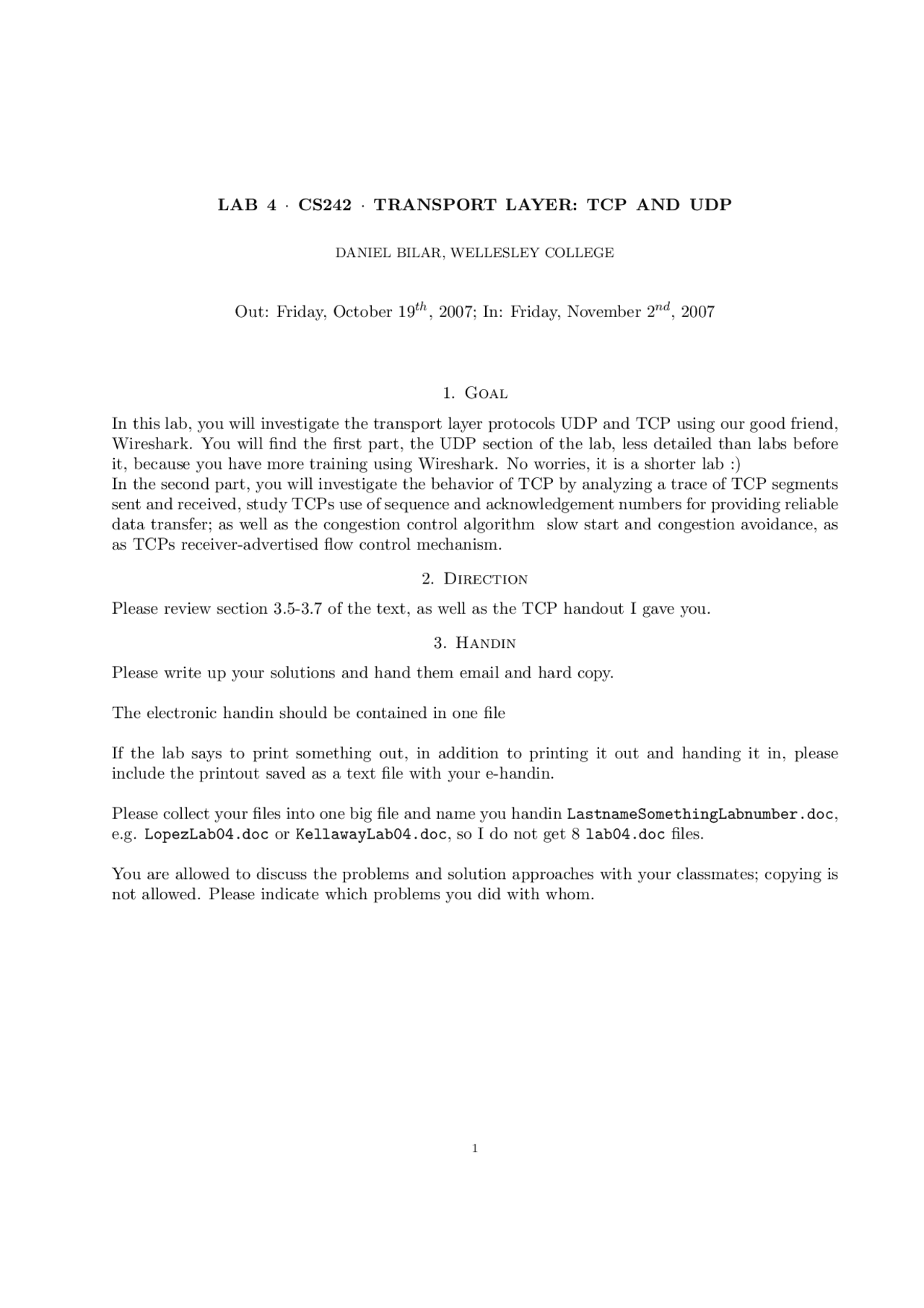 Laboratory Iv Transport Layer Tcp And Udp Cs 242 Docsity
