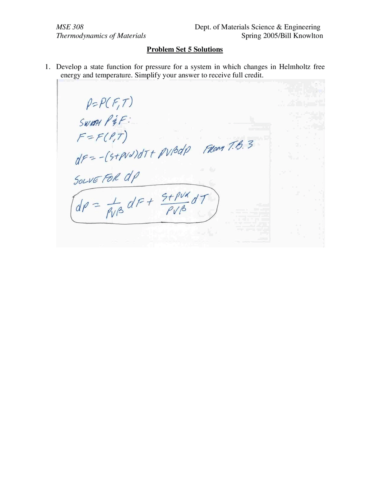 Problems Set 5 Solutions Thermodynamics Of Materials Mse 308 Docsity