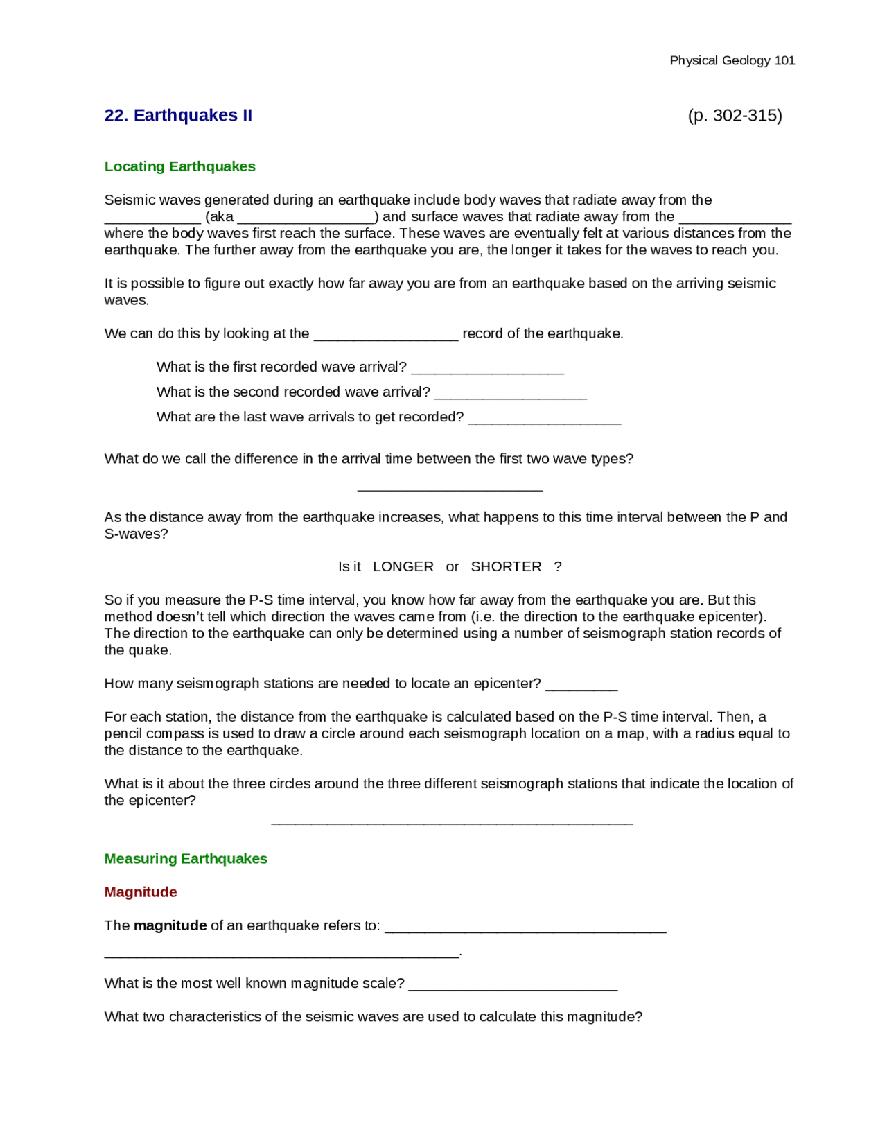 Notes On Earthquakes Ii Physical Geology Geol 101 Docsity
