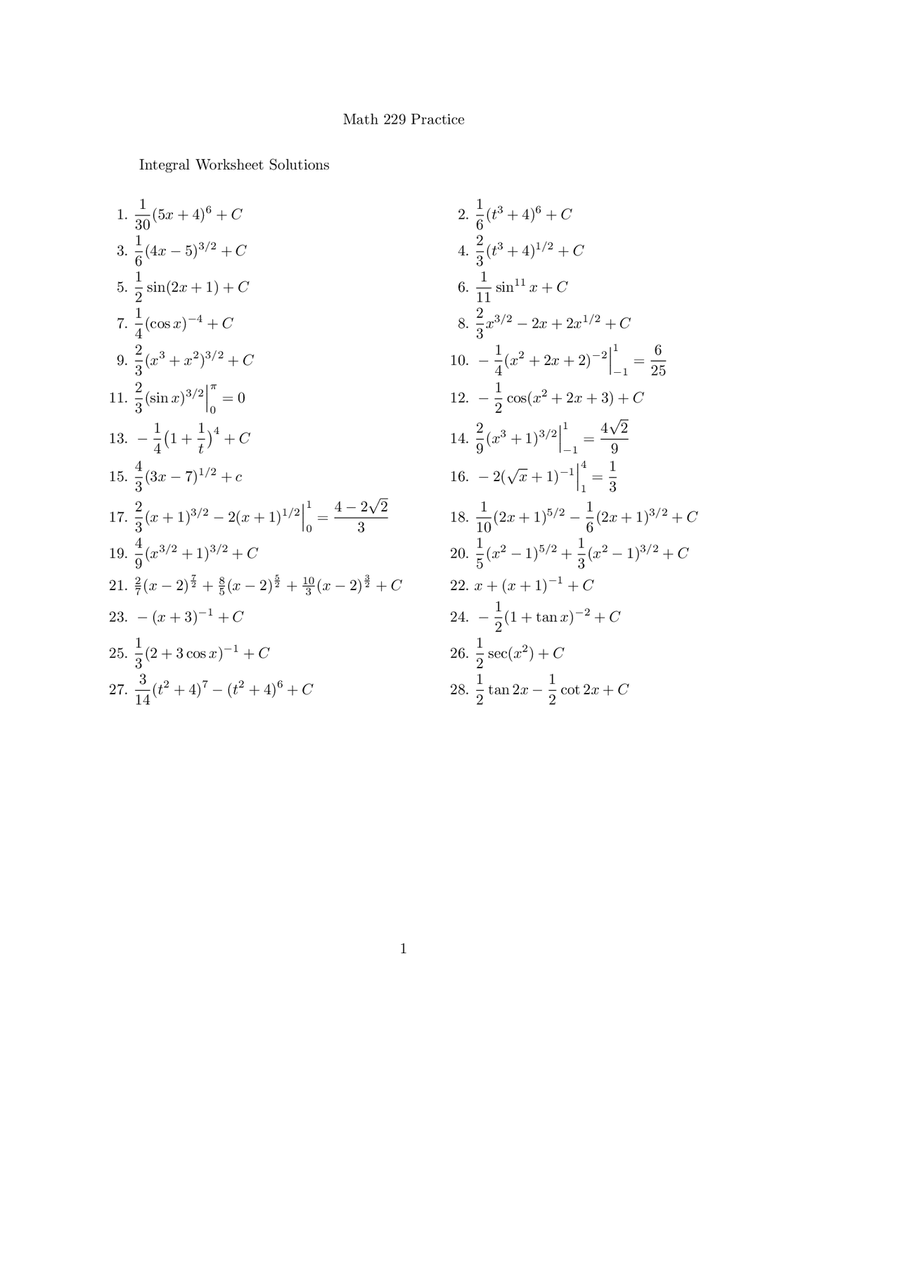 28 Problems On The Integrals Worksheet Math 229 Docsity