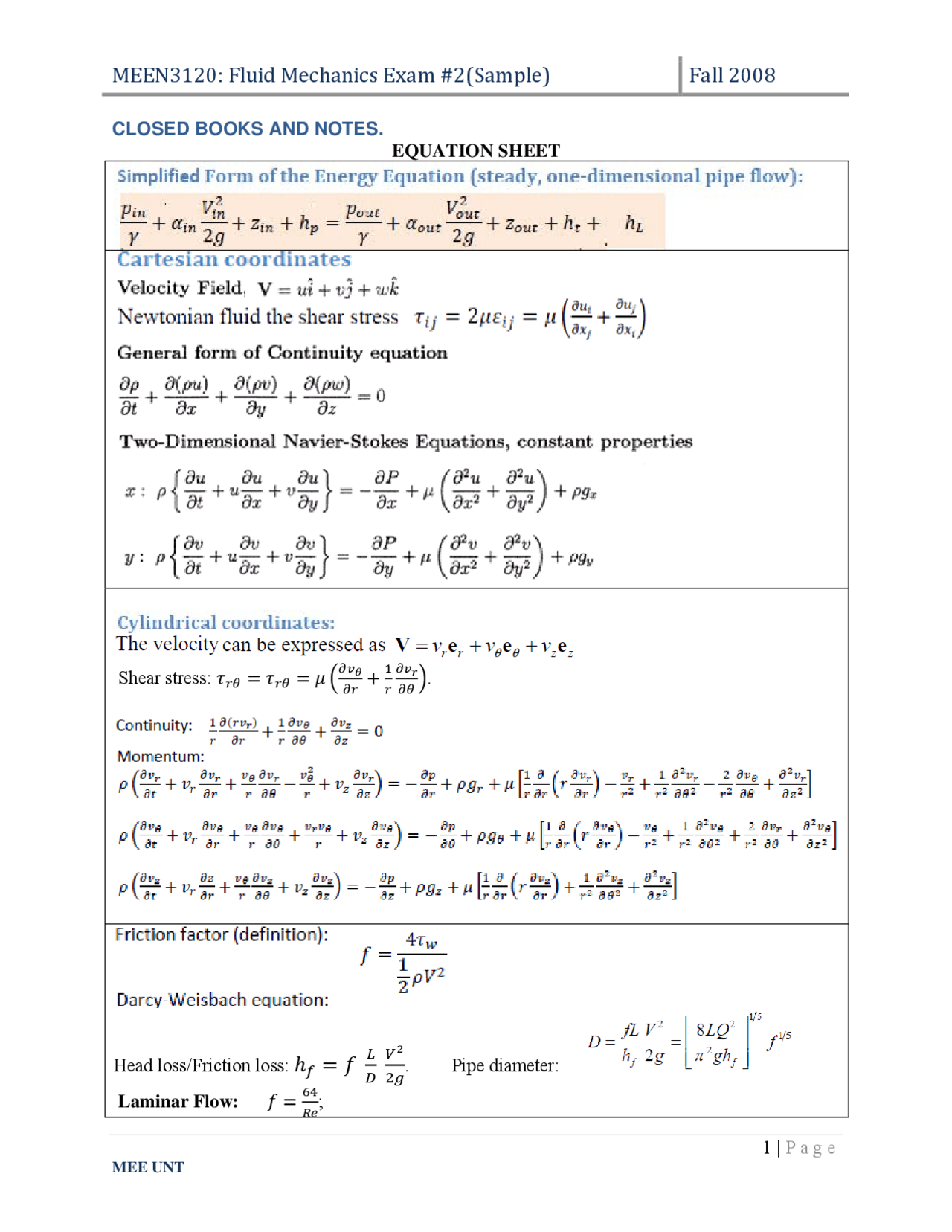 Equation Sheet for Exam 2 | Fluid Mechanics | MEEN 3120 - Docsity