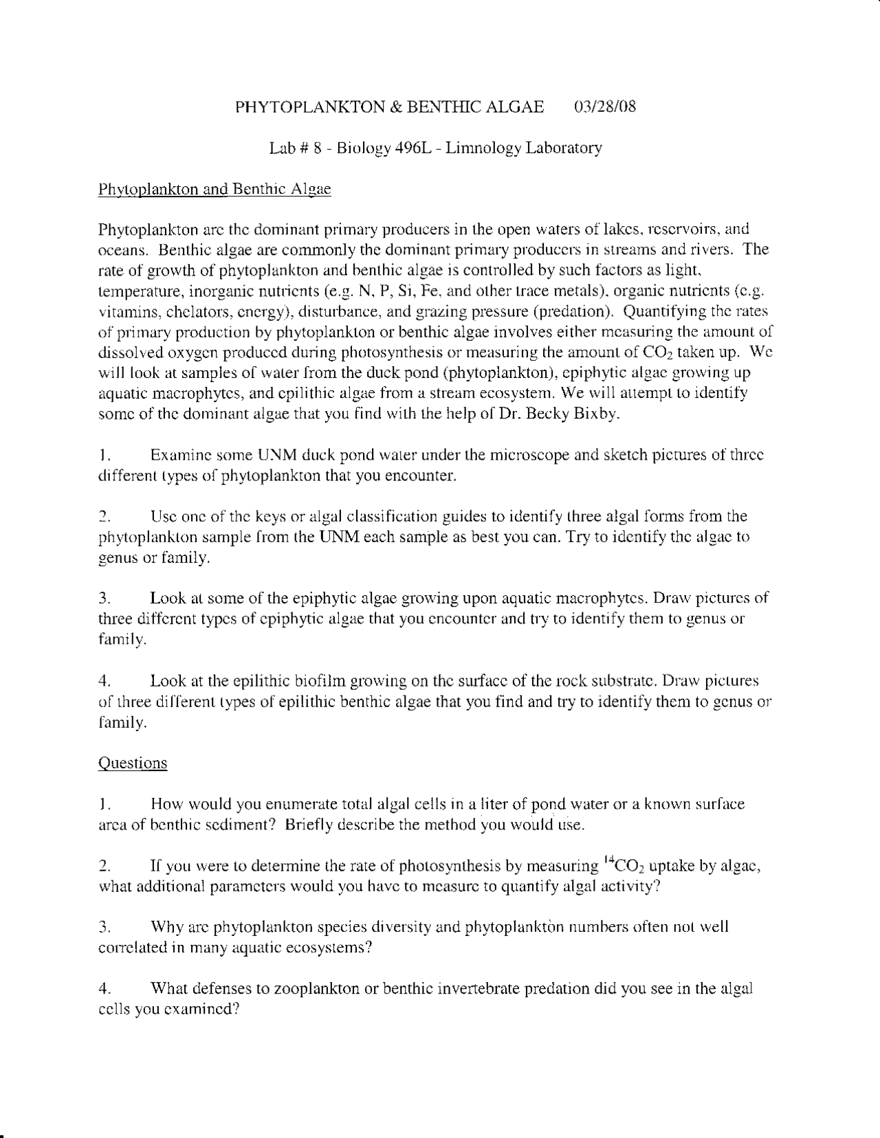 Phytoplankton and Benthic Algae - Laboratory 8 | BIOL 496L - Docsity