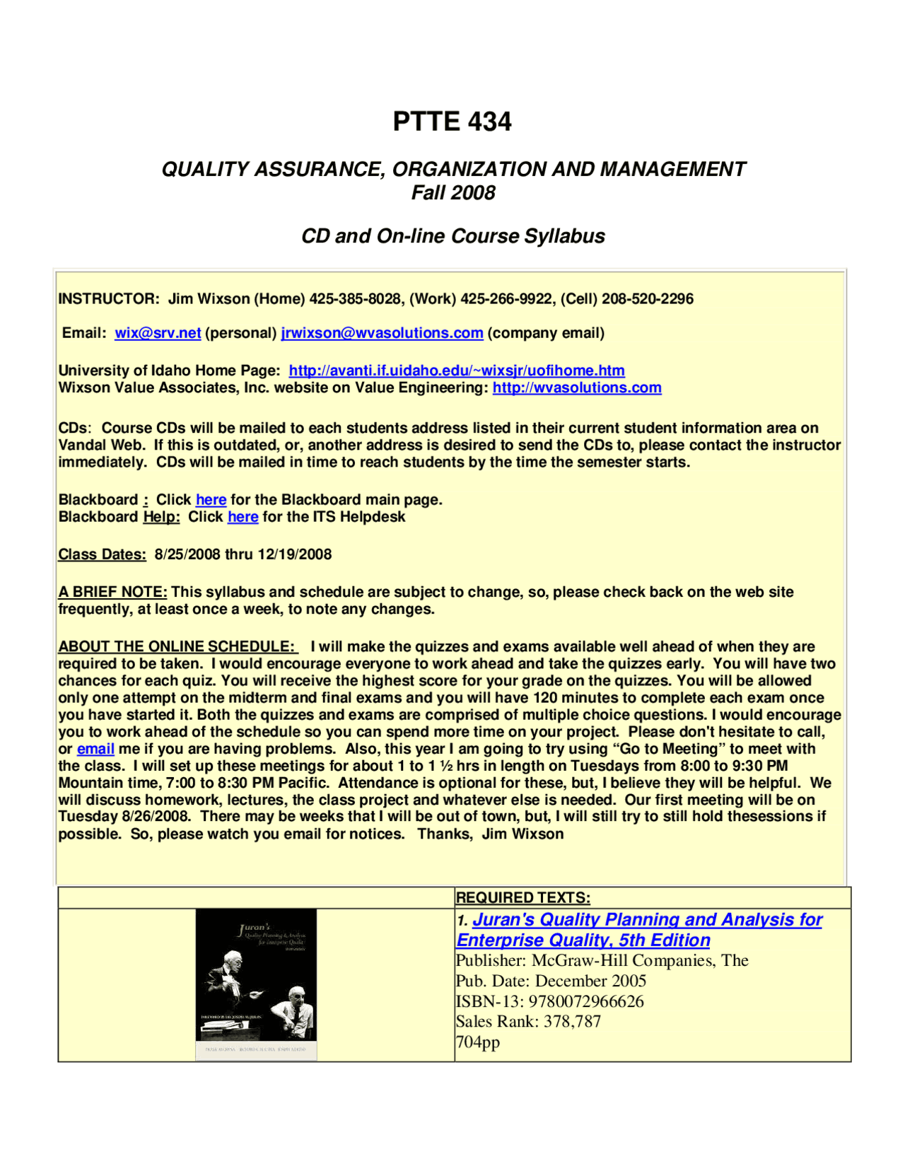Syllabus Schedule for Quality Assurance Organization and Management ...