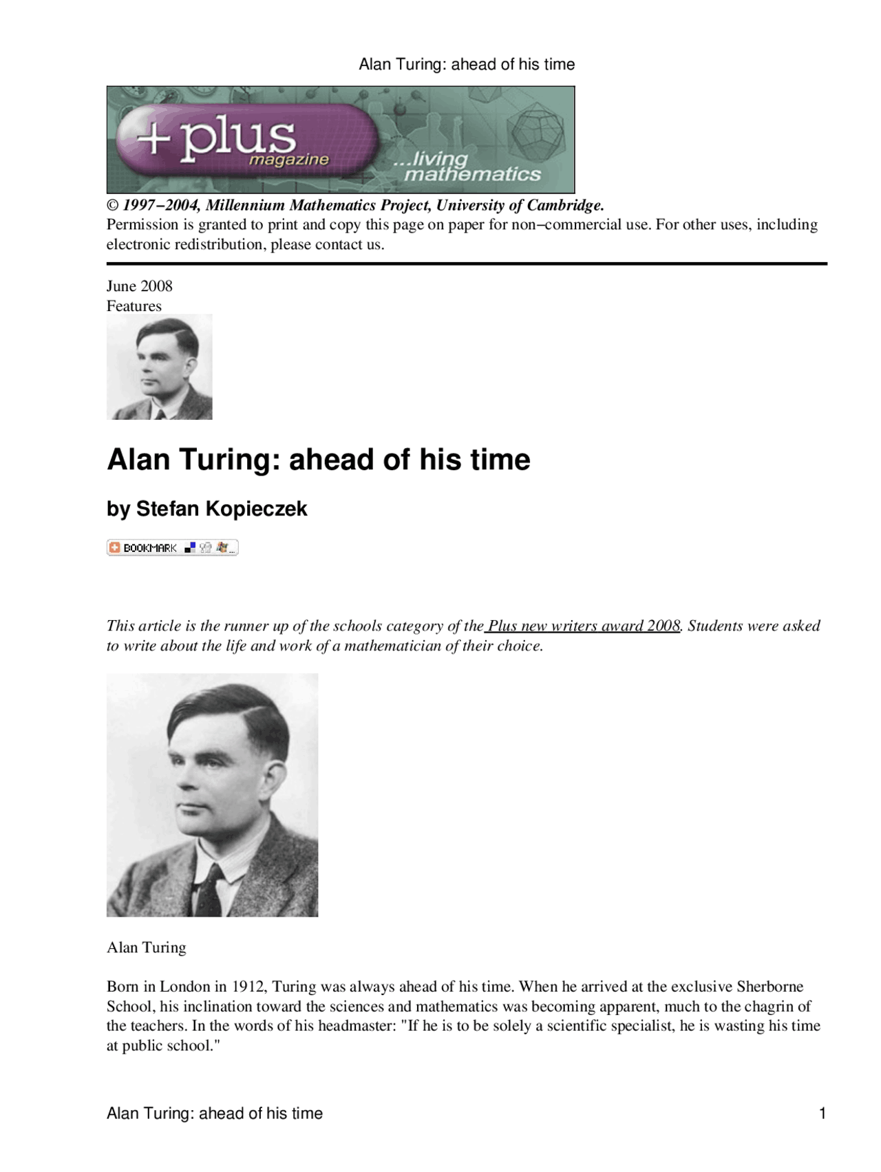 Alan Turing: Ahead of His Time - Lecture Notes | MATH 124 - Docsity