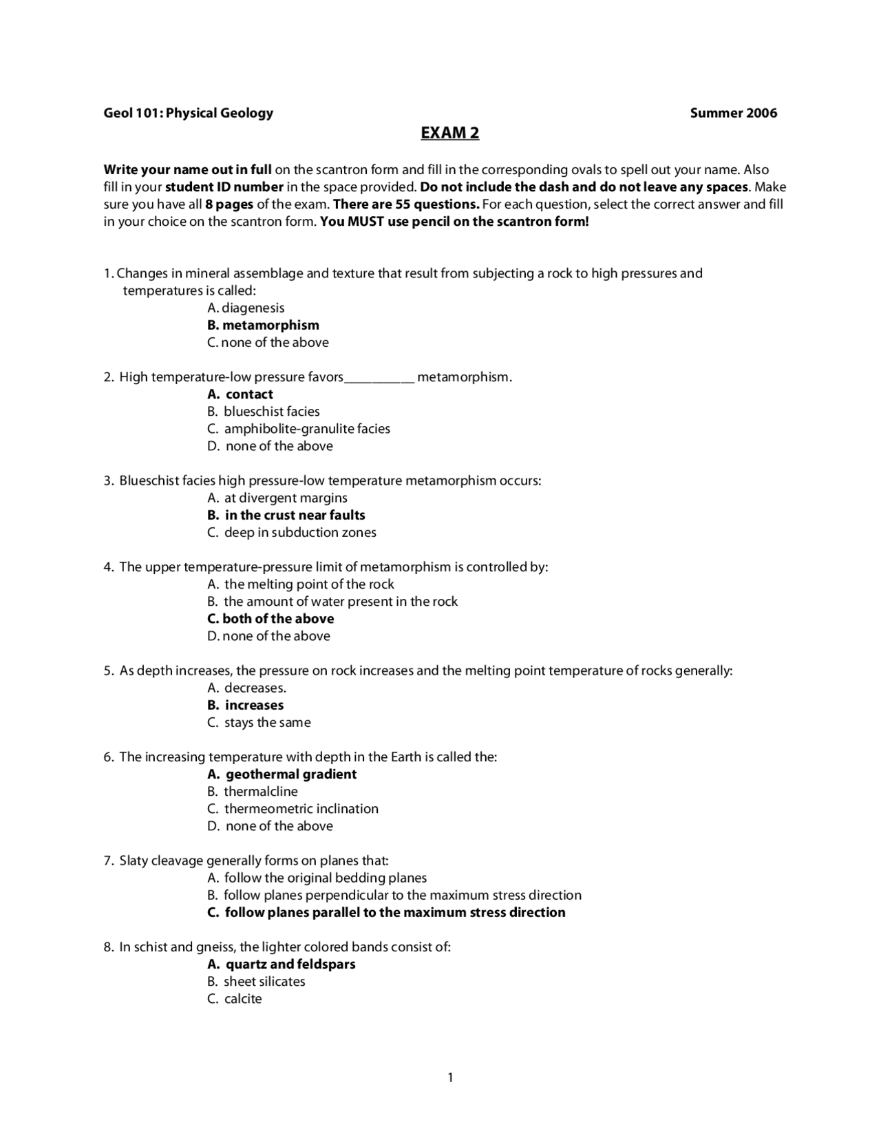55 Solved Mcqs On Physical Geology Exam 2 Geol 101 Exams Geology