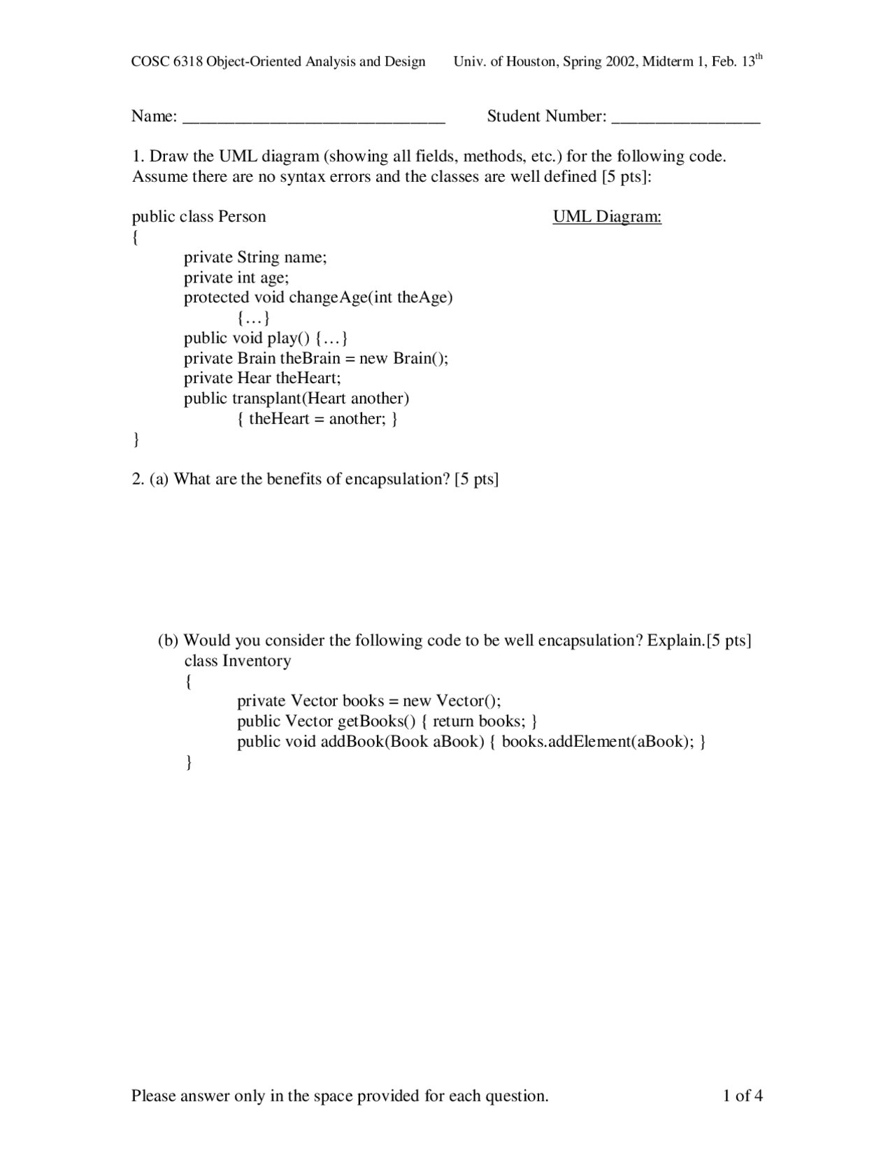Midterm Exam On Object Oriented Analysis And Design Spring 2002 Cosc 6318 Docsity
