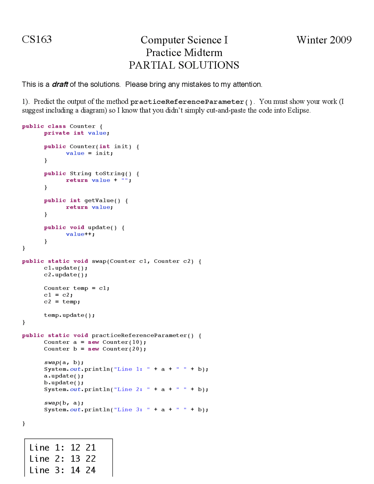 Practice Midterm Exam With Partial Solutions Computer Science Ii Cs