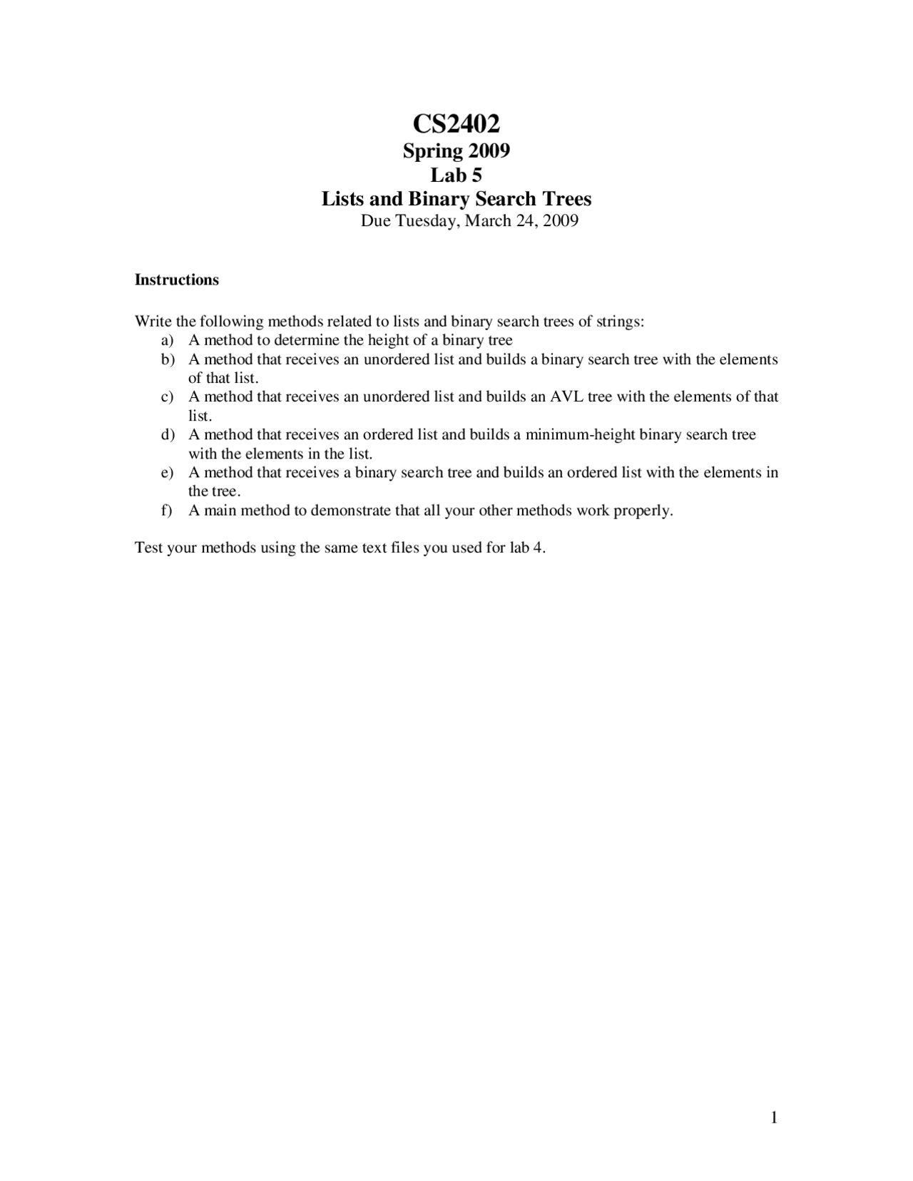 Lists and Binary Search Trees - Data Structures - Lab 5 | CS 2402 - Docsity