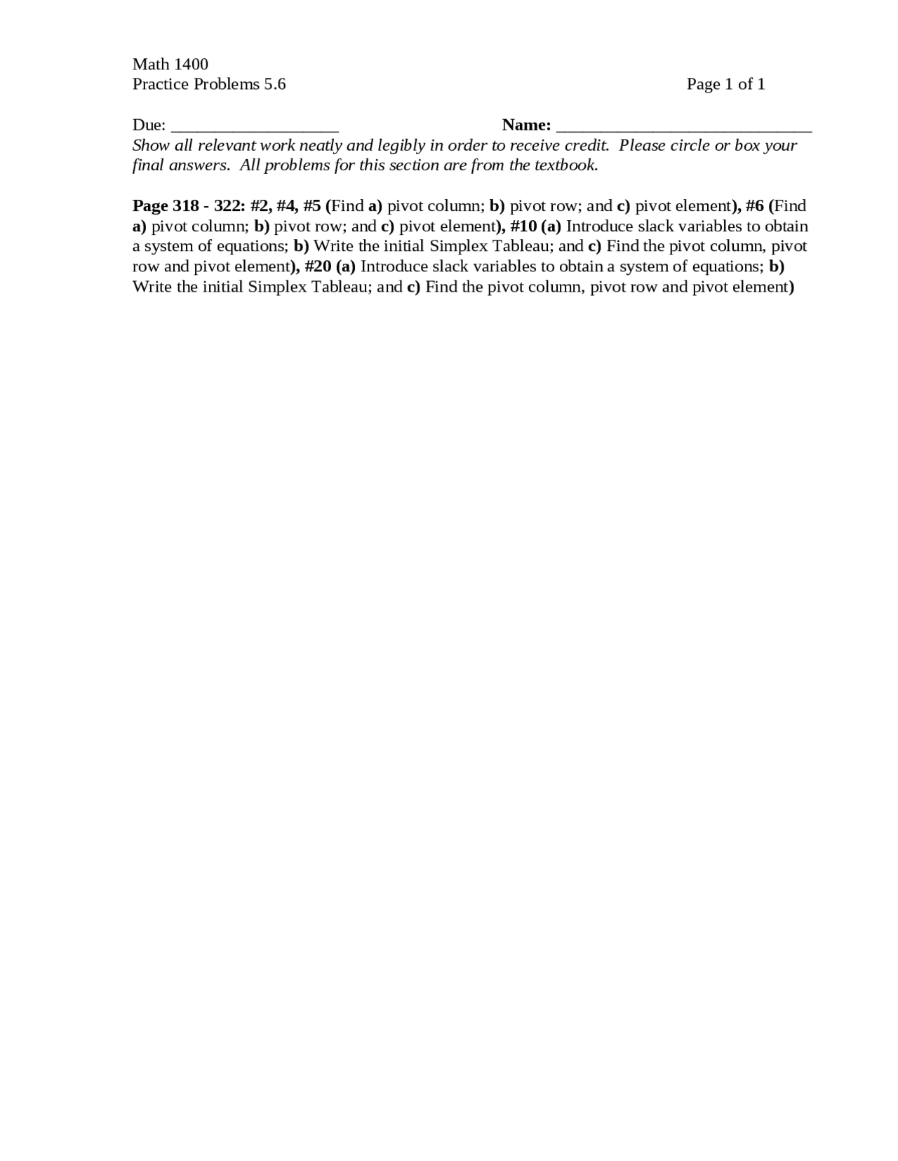 Practice Problem College Mathematics With Calculus Exam Math 1400