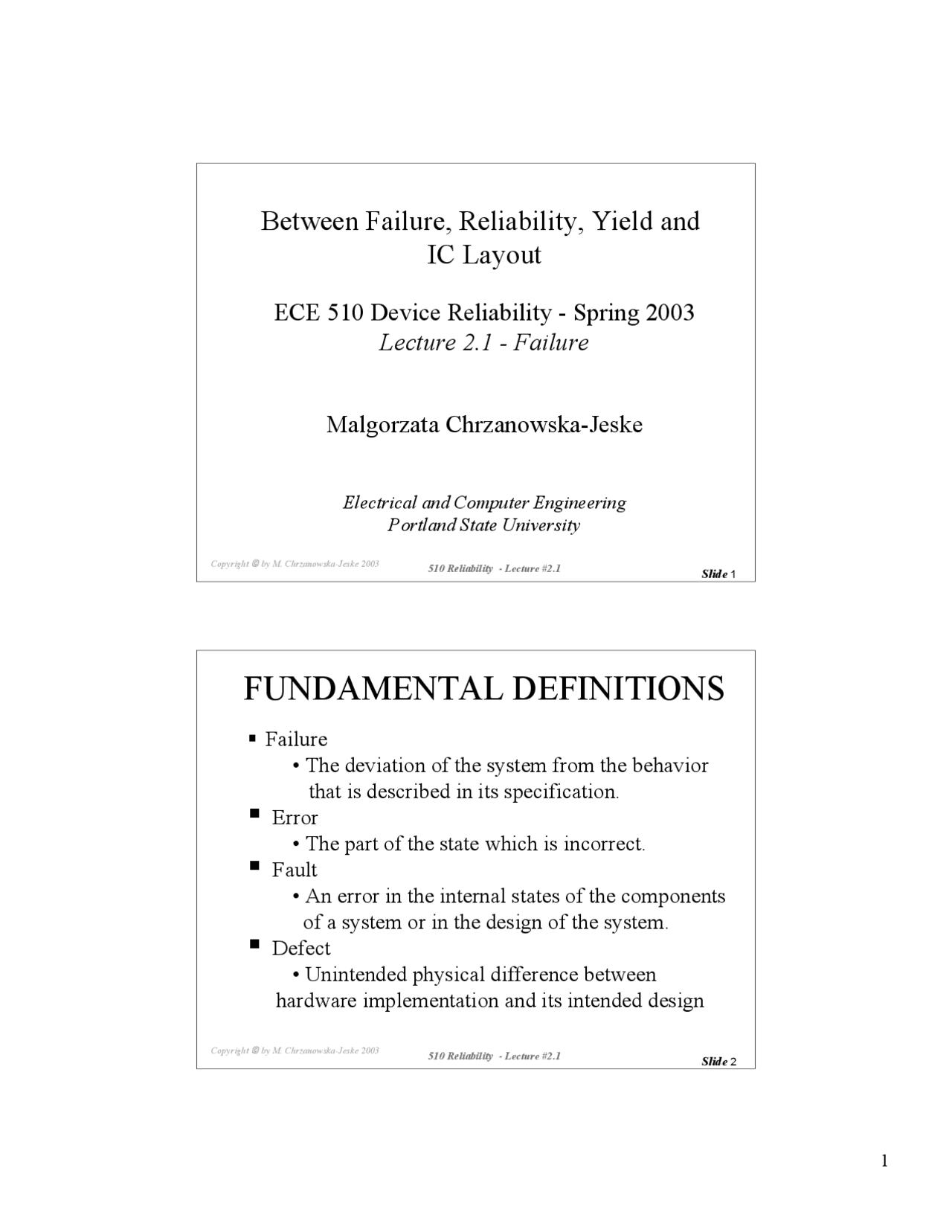 Notes on Failure, Reliability, Yield and IC Layout | ECE 510 - Docsity
