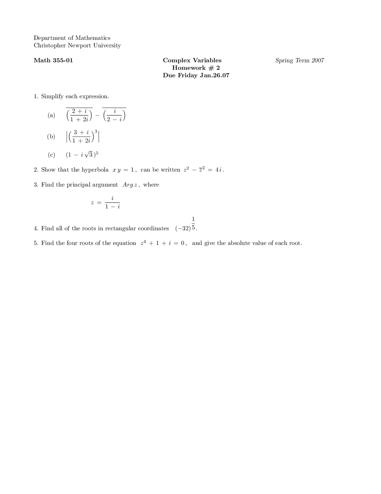 Assignment 2 With 5 Questions Complex Variables Math 355 Docsity