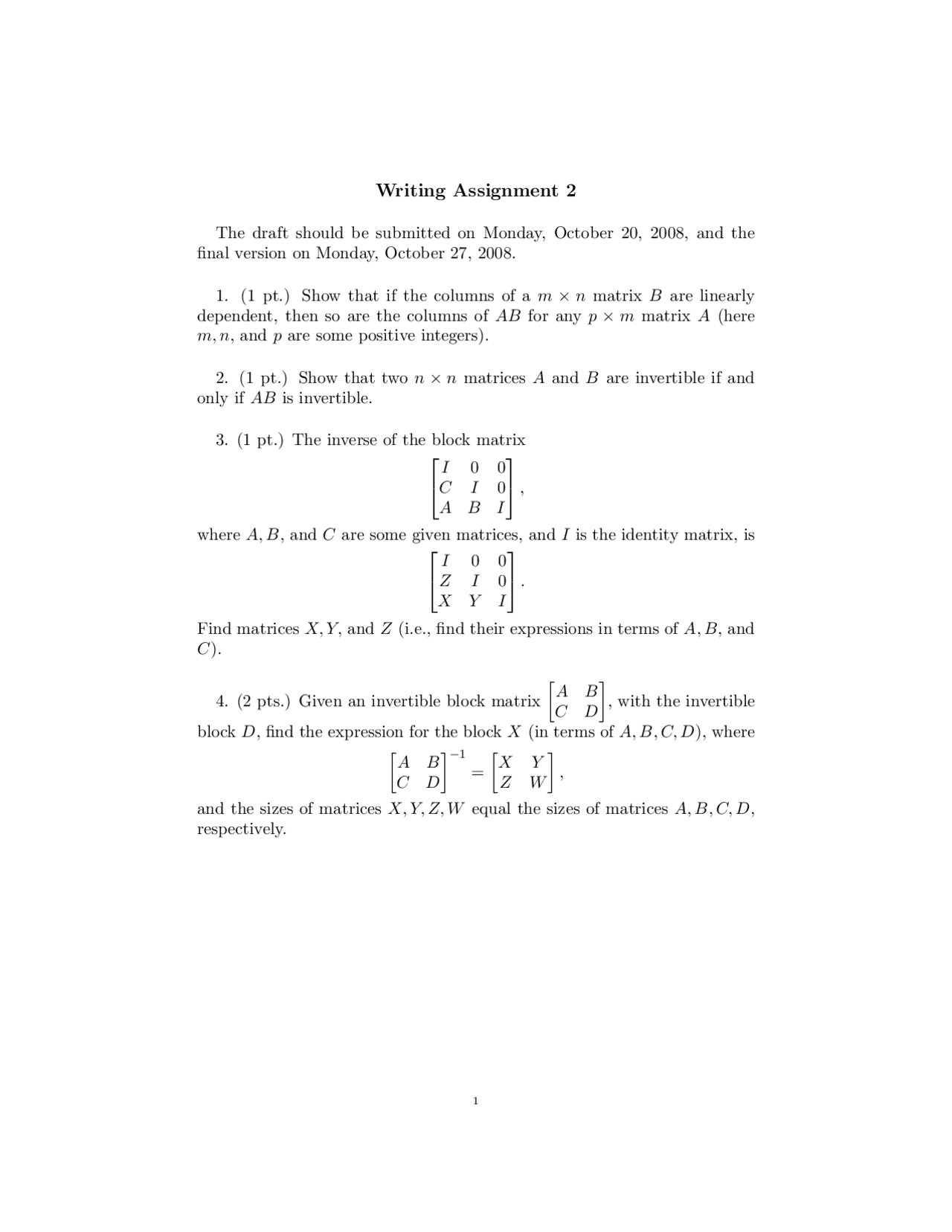 4 Questions On Linear Algebra Assignment 2 Math 201 Docsity