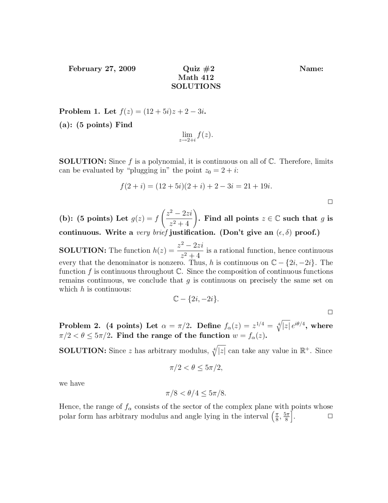 Practice Quiz With Solutions For Complex Analysis Math 412 Docsity