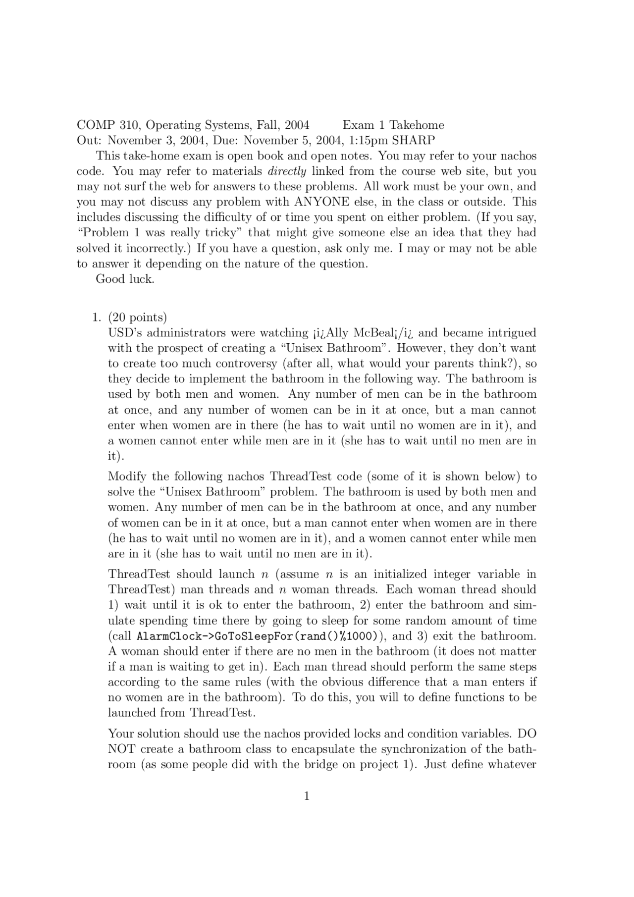 Exam 1 Take Home Operating Systems Fall 2004 Comp 310 Docsity