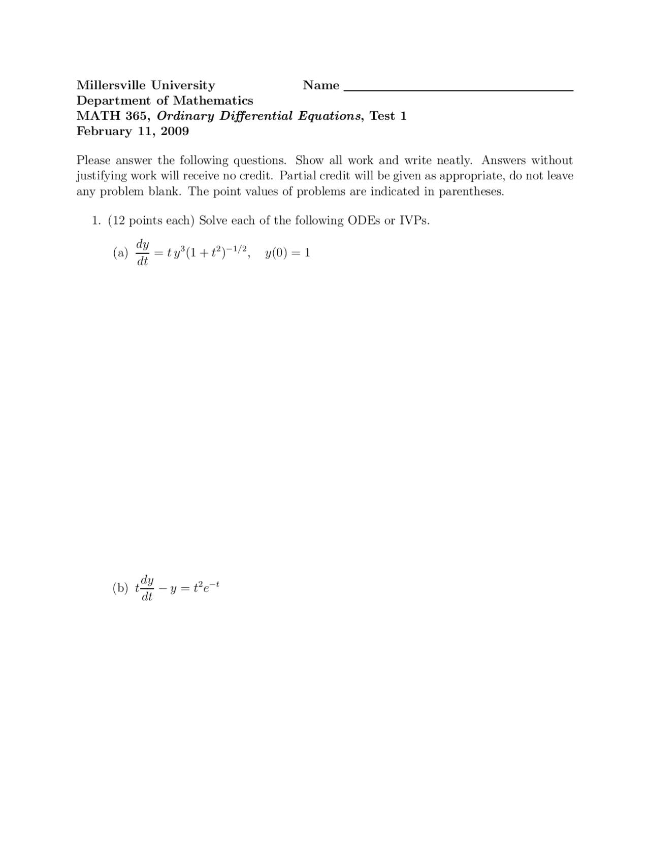 5 Questions On Ordinary Differential Equation Exam 1 Math 365 Docsity