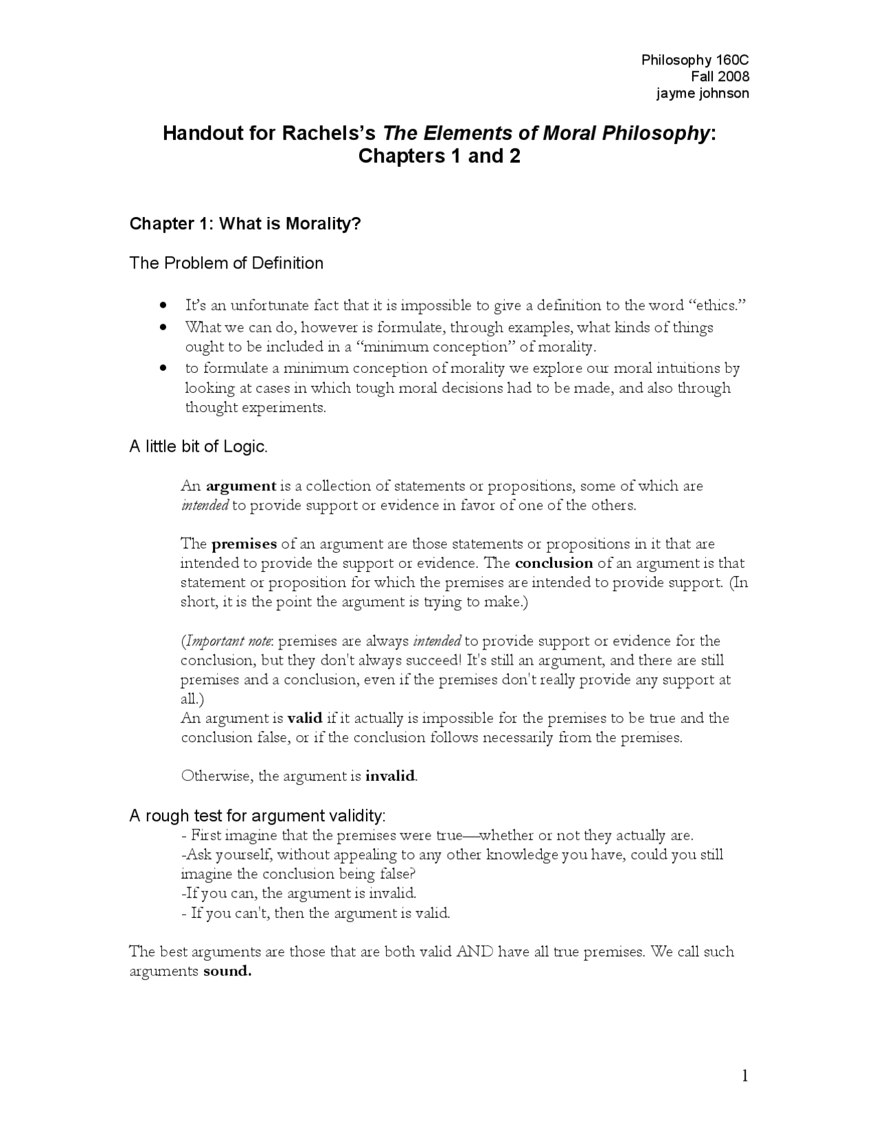 Handout for Rachels's the Elements of Moral Philosophy | PHIL 160 - Docsity